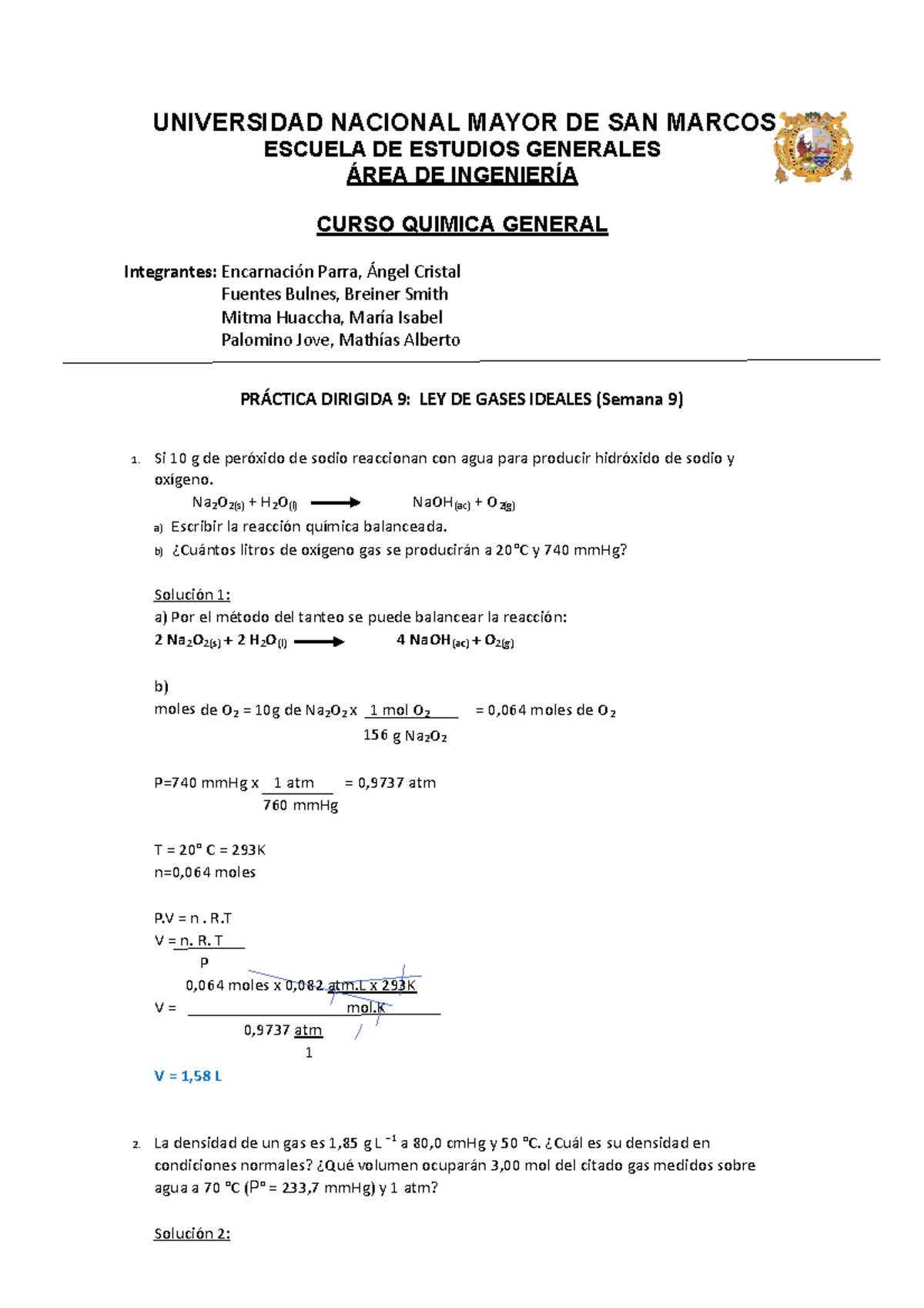 Práctica Dirigida 9: Ley de Gases Ideales - Química General PD9 - Studocu