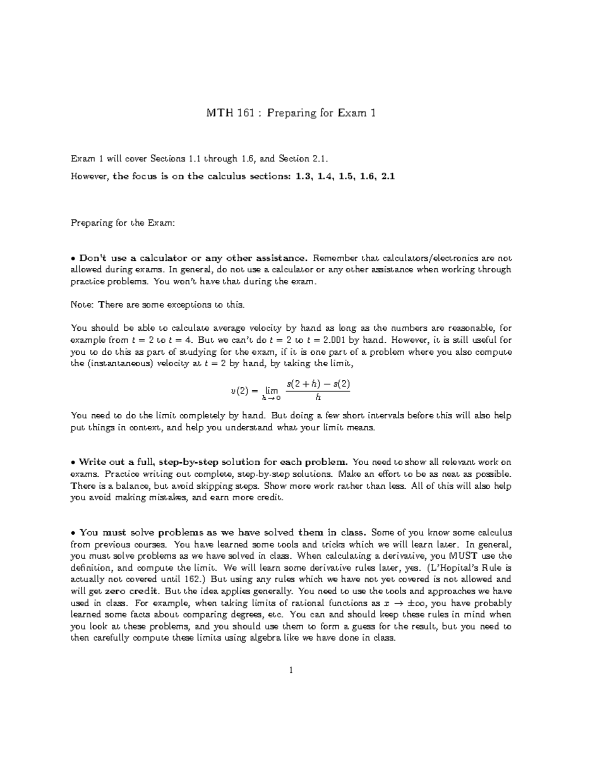 MTH 161 Exam 1 Prep: Key Concepts and Practice Strategies - Studocu