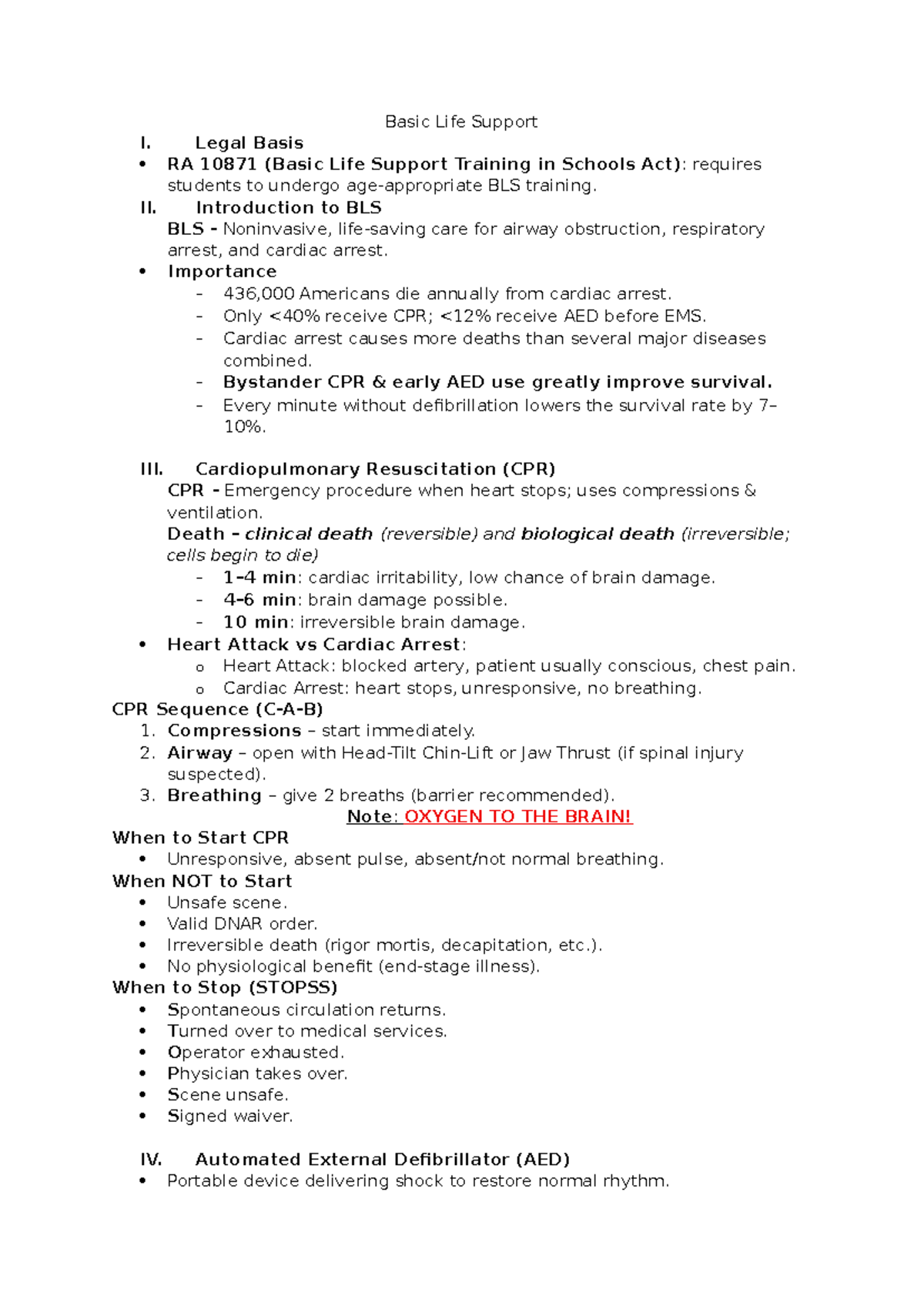 Basic Life Support (BLS) Notes: Legal Basis & CPR Guidelines - Studocu
