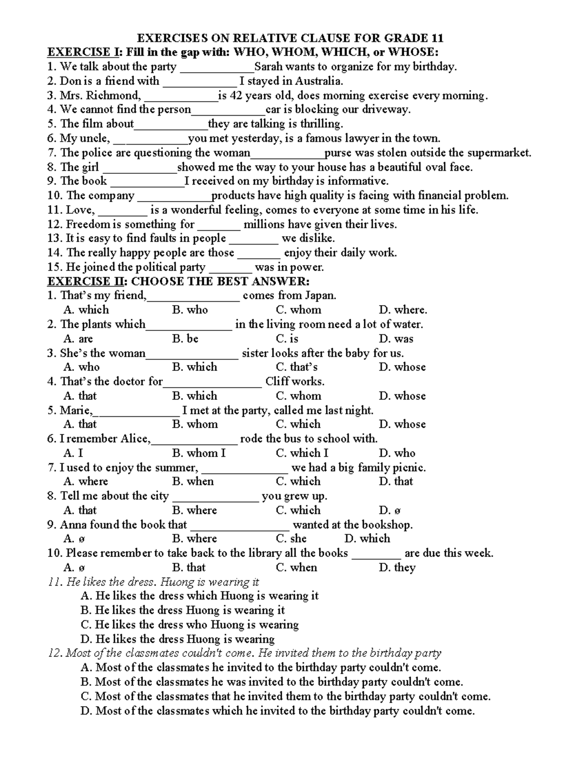 Exercises on Relative Clauses for Grade 11: Fill in the Gaps and Choose ...