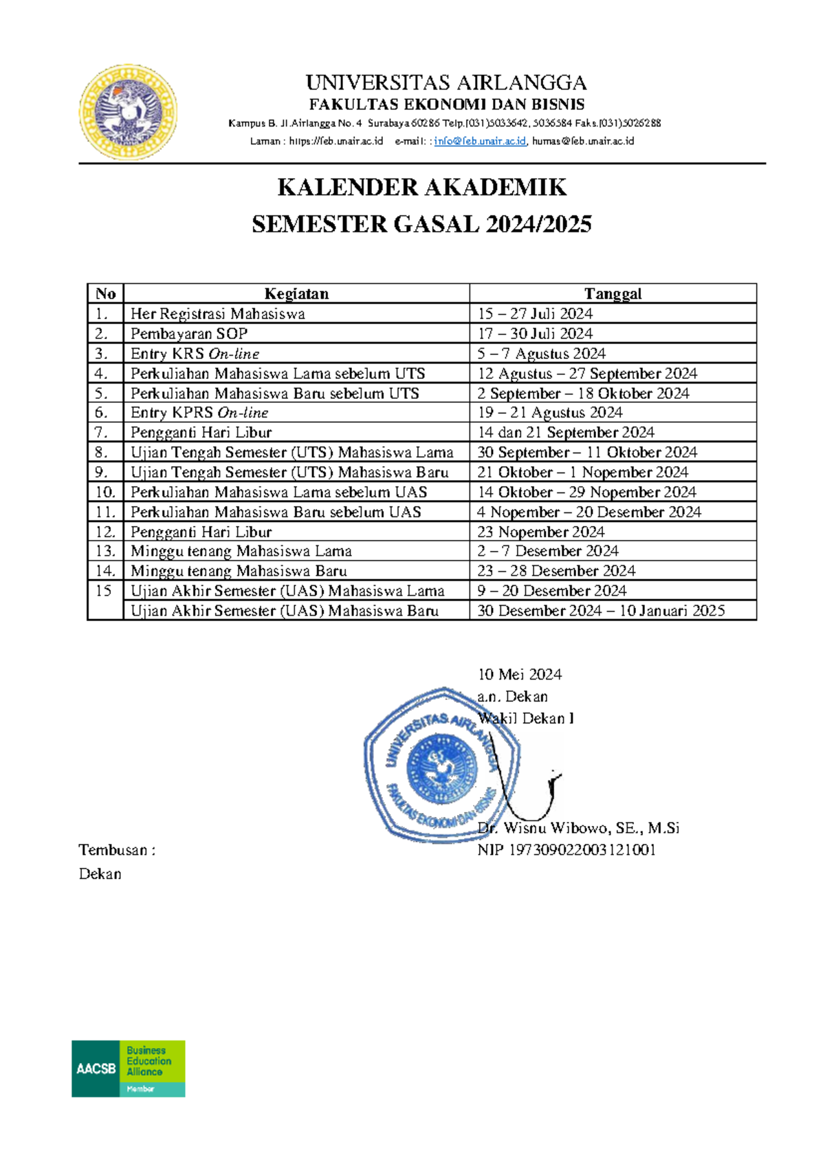 Kalender Akademik Semester Gasal 2024/2025 - Universitas Airlangga ...