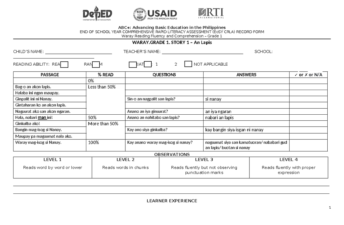 EoSY CRLA Waray Reading Fluency & Comprehension – Grade 1 Scoresheet ...