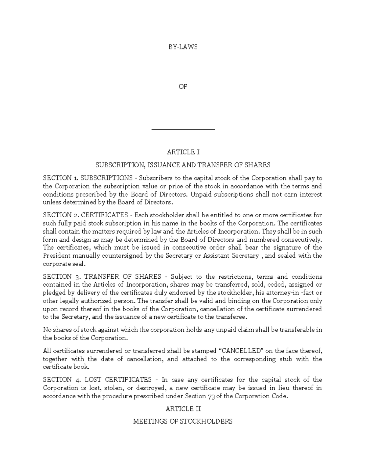 By-Laws of Corporation - Sample Format and Guidelines - Studocu