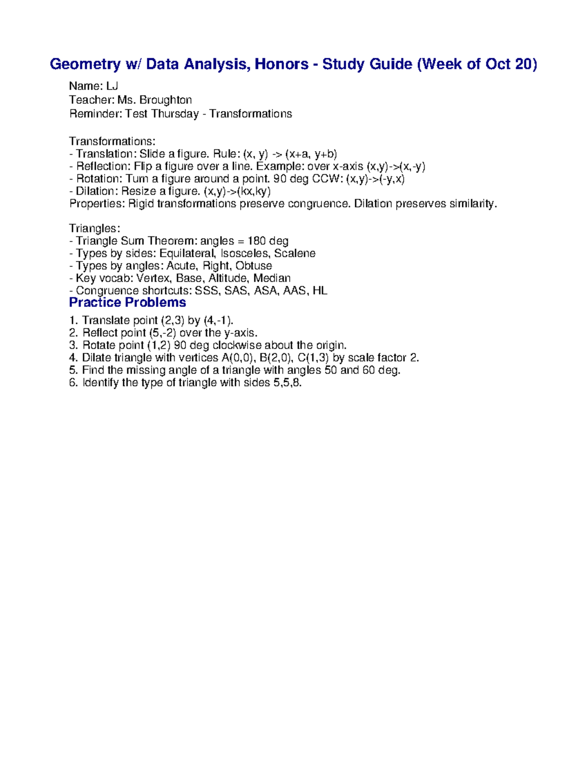 Geometry w/ Data Analysis, Honors - Transformations Study Guide - Studocu