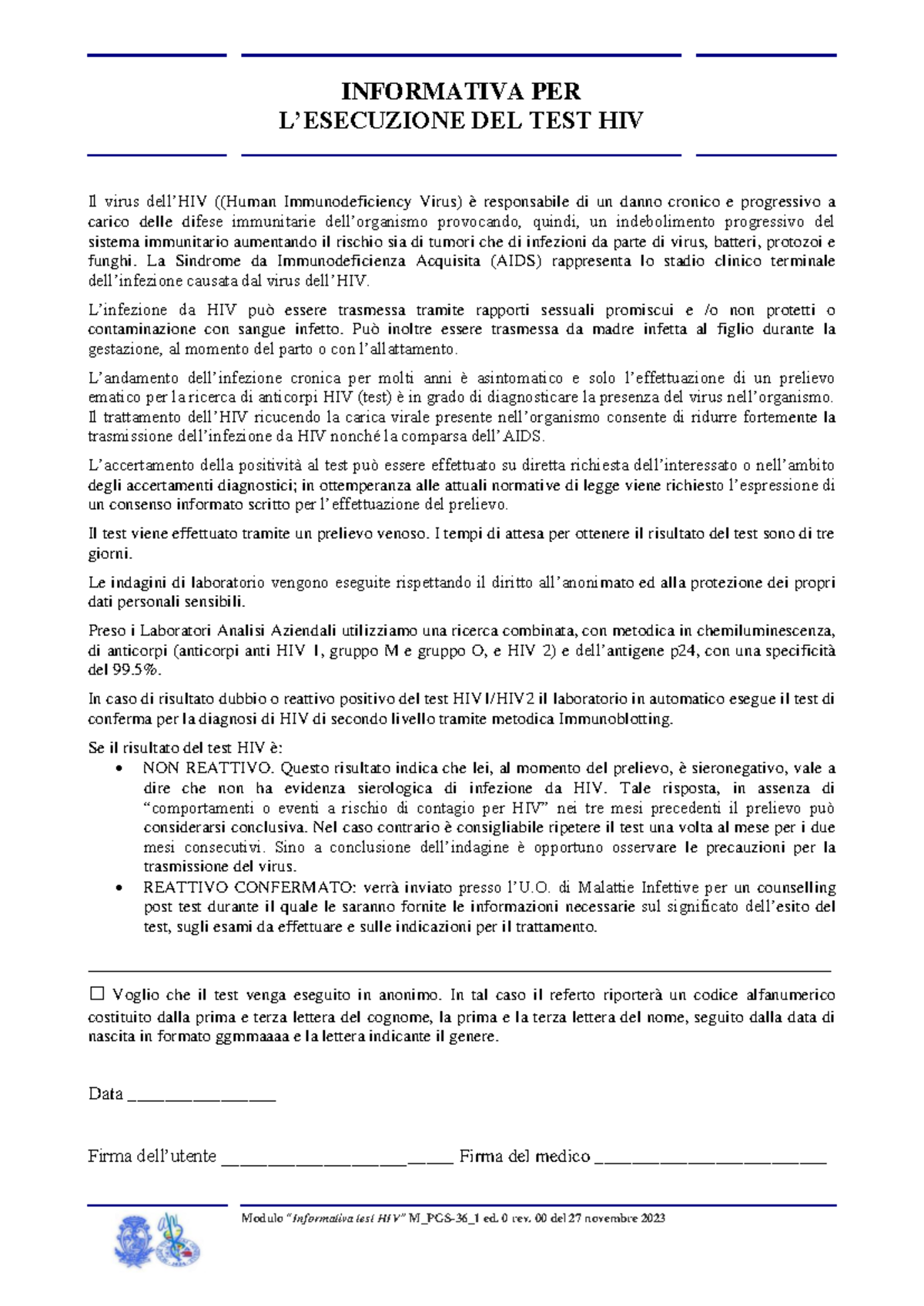 Informativa sul test HIV: diagnosi e procedure di analisi - Studocu