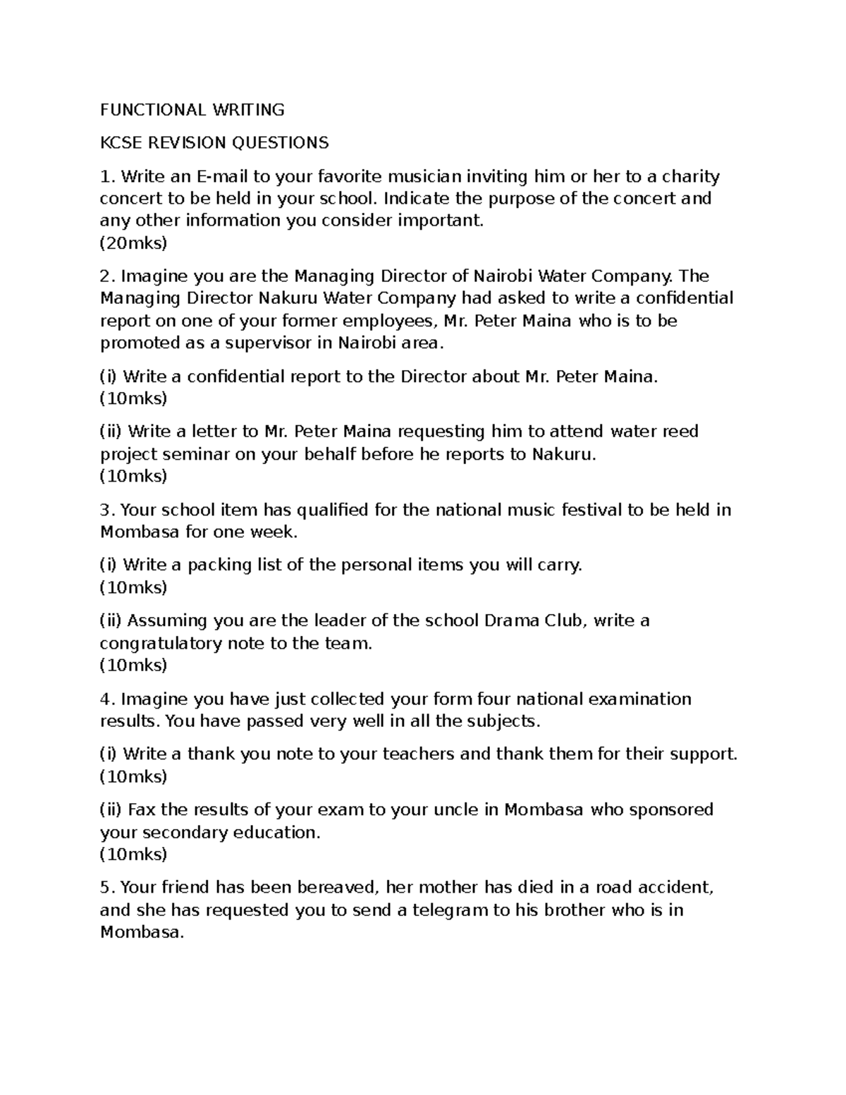 KCSE FUNCTIONAL WRITING REVISION QUESTIONS & EXAMPLES - Studocu