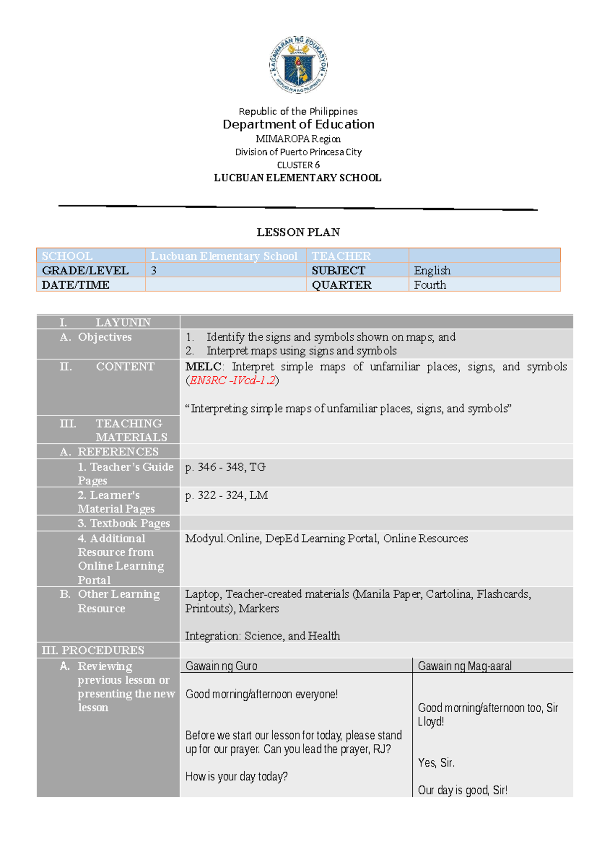645998321 English Lesson Plan: Interpreting Simple Maps for Grade 3 ...