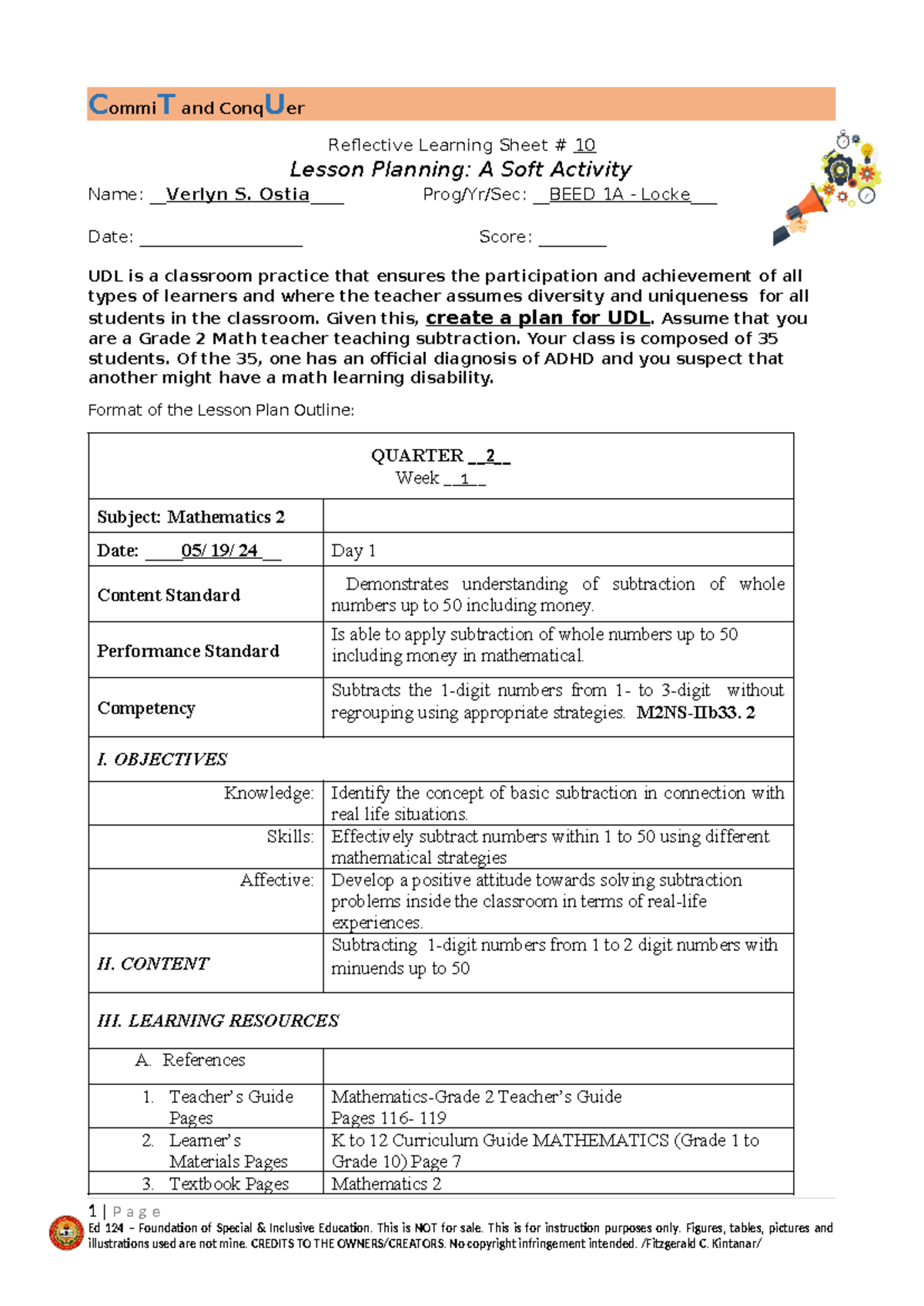 BEED 1A - Ed 124 Detailed Lesson Plan for Grade 2 Math: Subtraction ...
