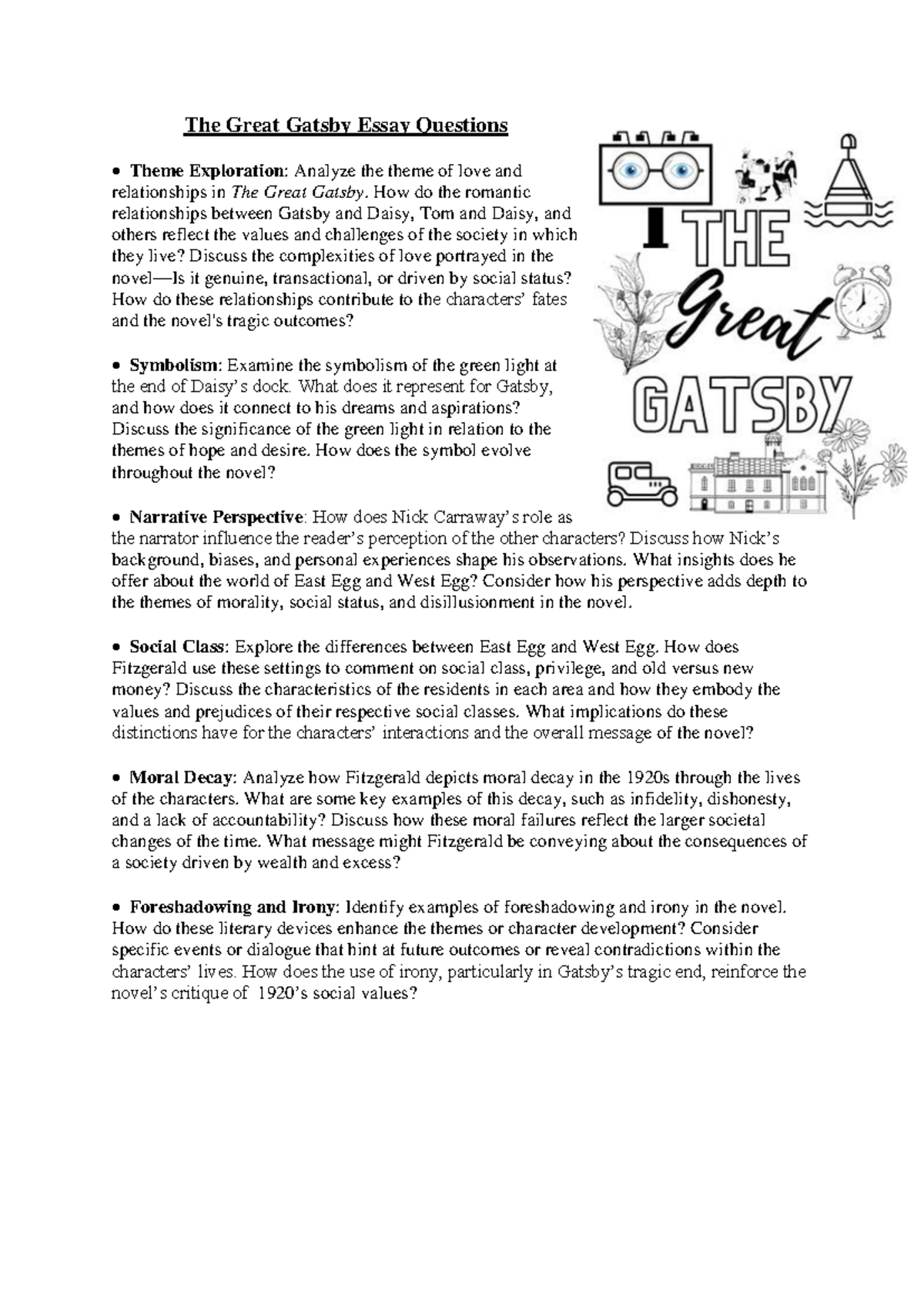 The Great Gatsby Essay Questions: Themes of Love, Class, and Morality ...