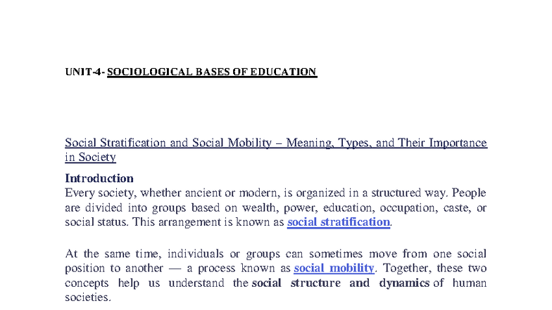 Unit 4: Sociological Bases of Education - Social Stratification ...