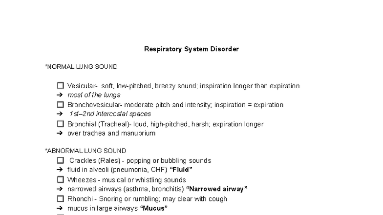 Respiratory System Disorders: LUNG SOUNDS & Pneumonia Overview - Studocu
