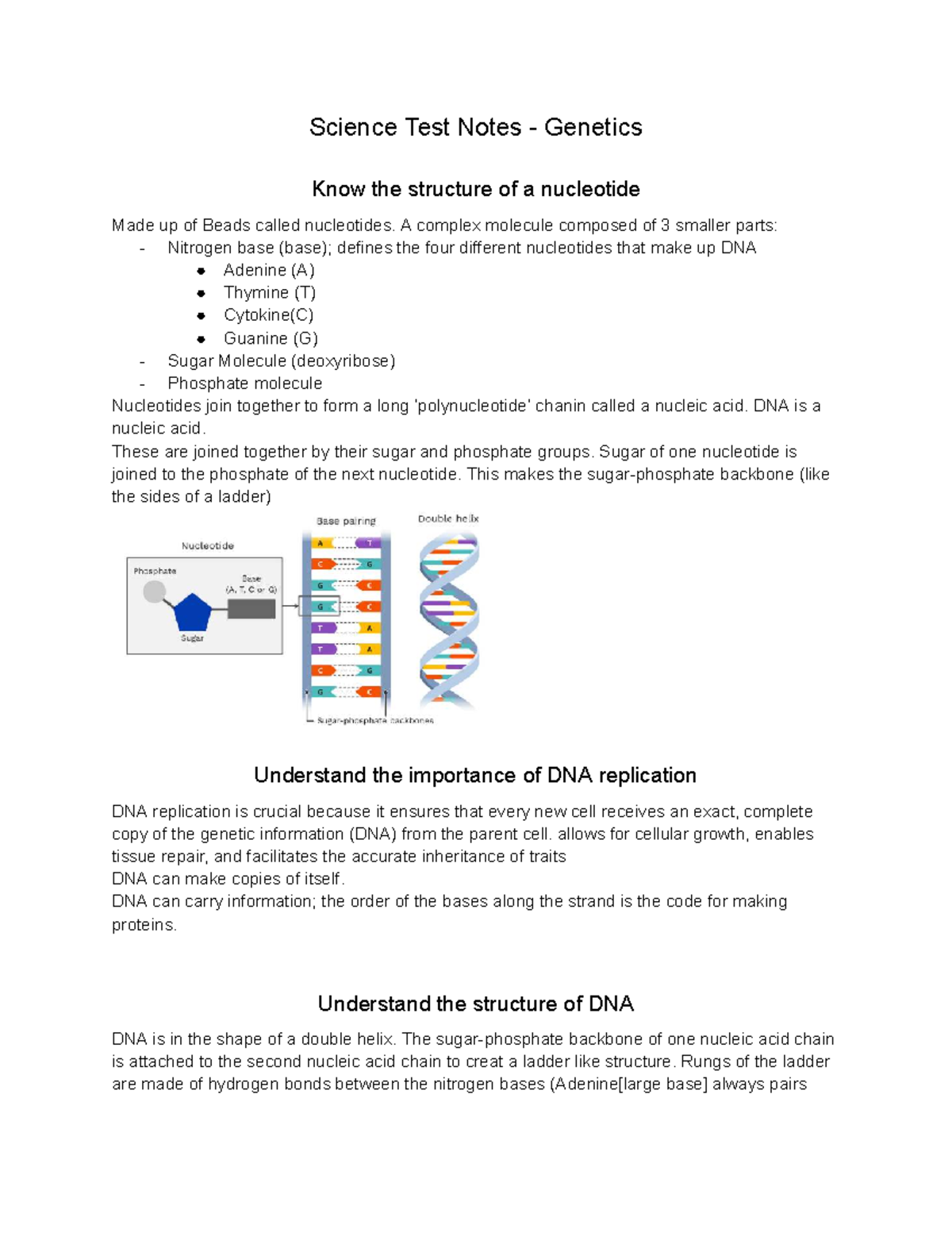 Genetics Study Notes for Science Test: DNA, RNA, and Inheritance - Studocu