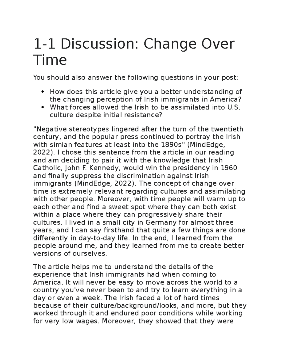 Module 1 1-1 Discussion: The Evolution of Irish Immigrant Perceptions ...