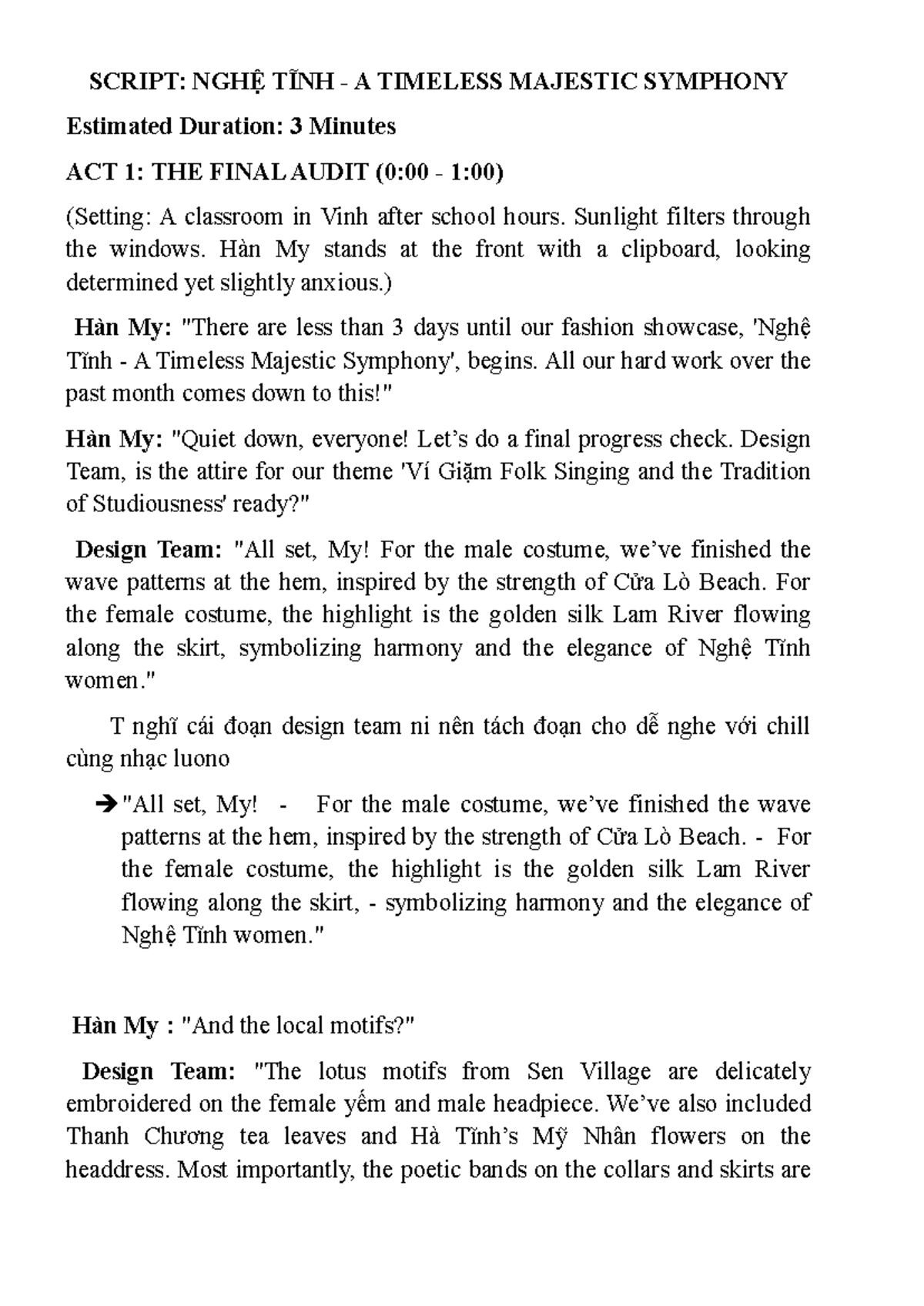 SCRIPT: NGHỆ TĨNH A TIMELESS MAJESTIC SYMPHONY - Final Draft - Studocu