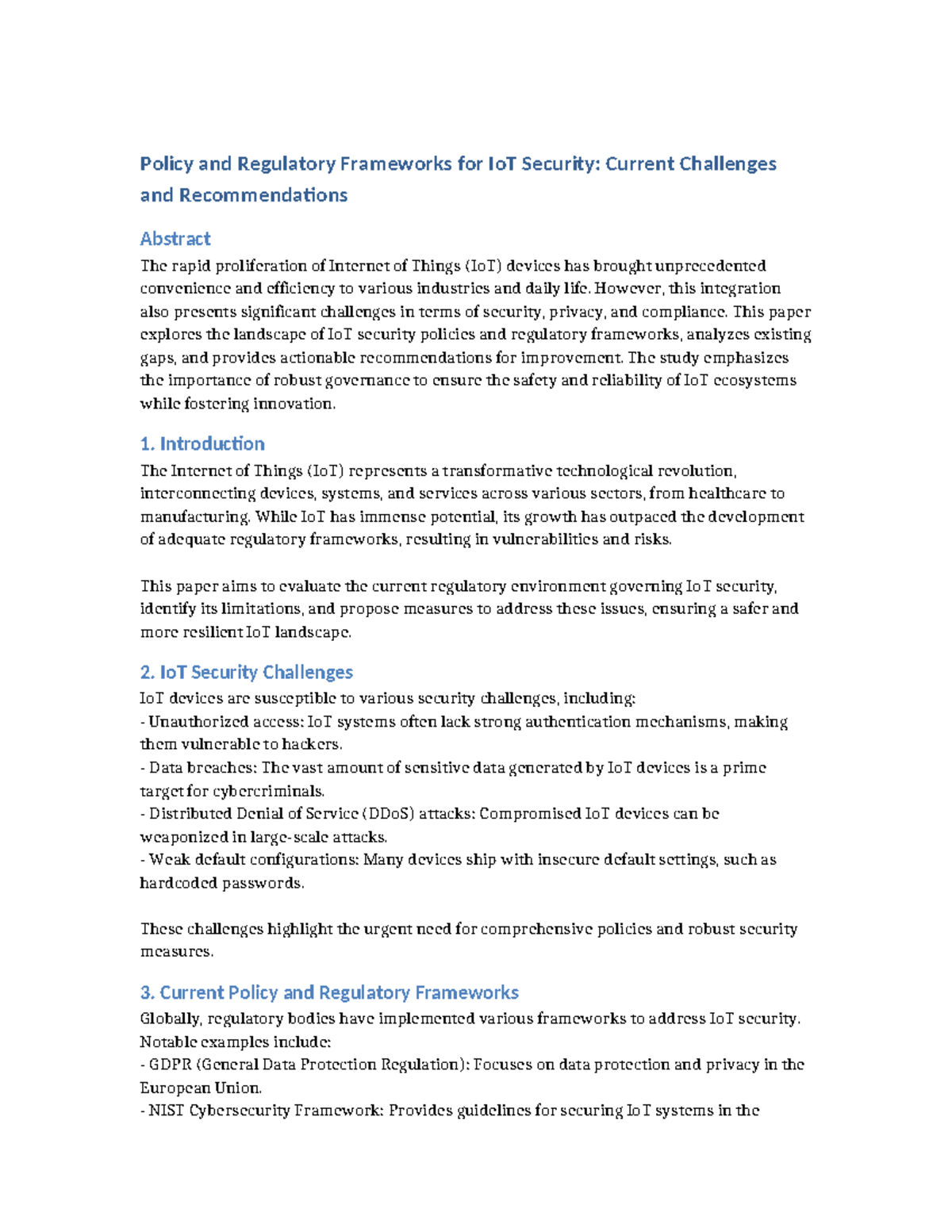 Detailed Policy and Regulatory Frameworks for Io T Security - Policy and Regulatory Frameworks ...