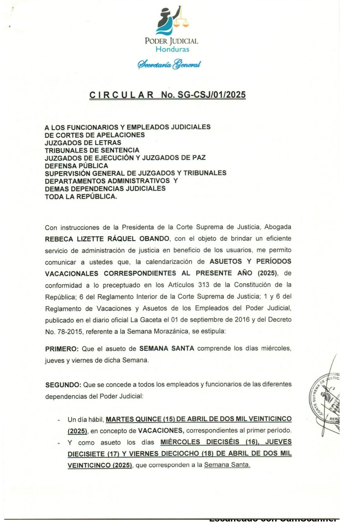 Circular sobre Períodos Vacacionales 2025 del Poder Judicial Honduras ...