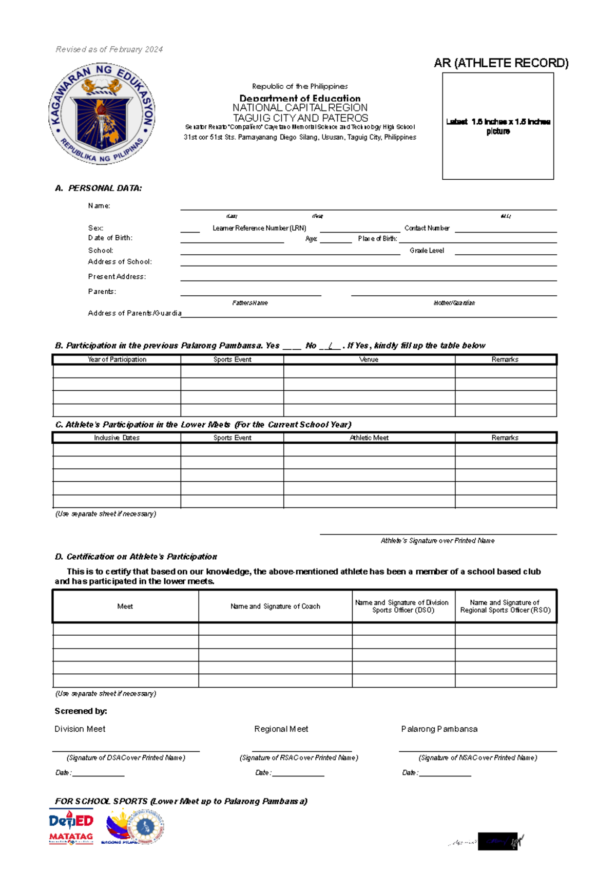Athlete Record A4 - Personal Data & Participation Certification Form ...