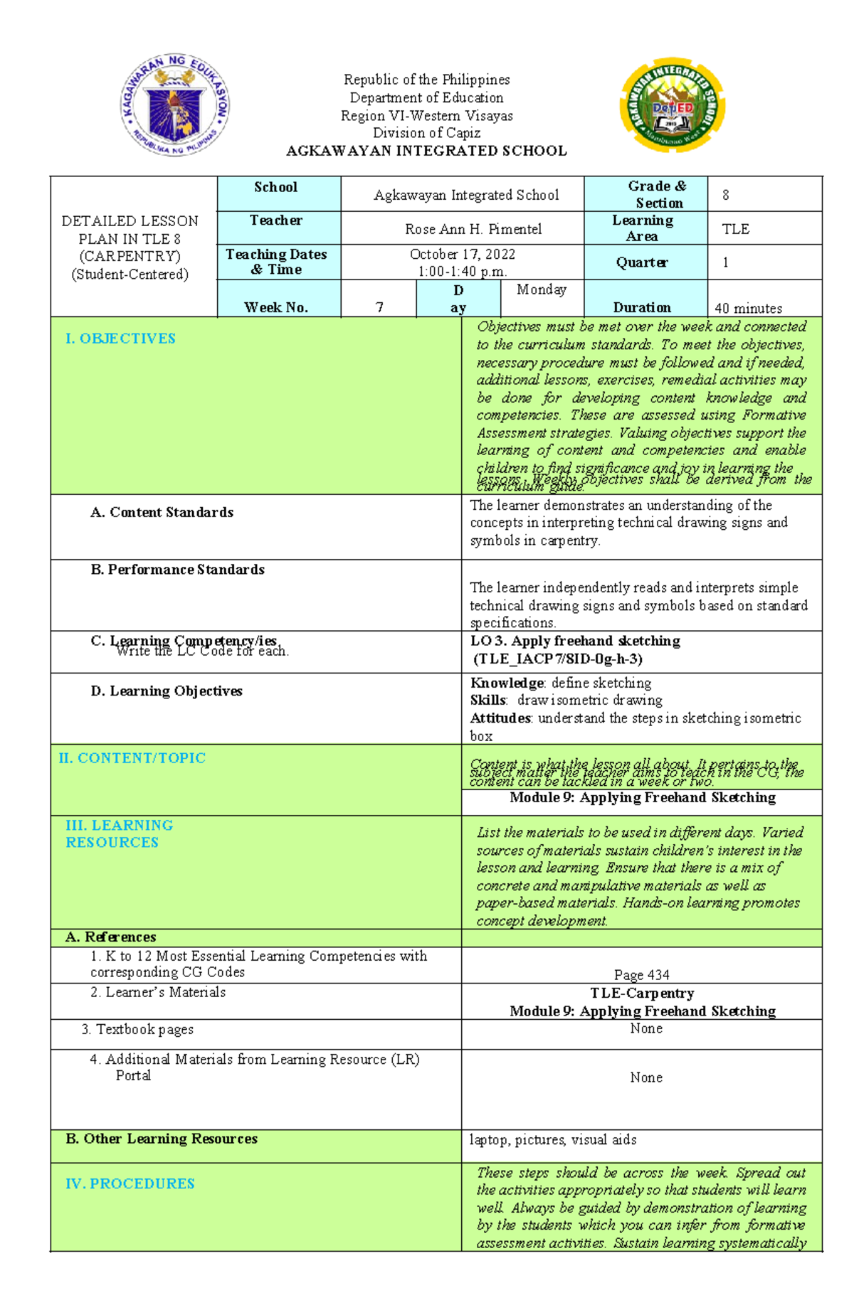 Lesson Plan in TLE 8 (Carpentry) - Week 2: Freehand Sketching ...