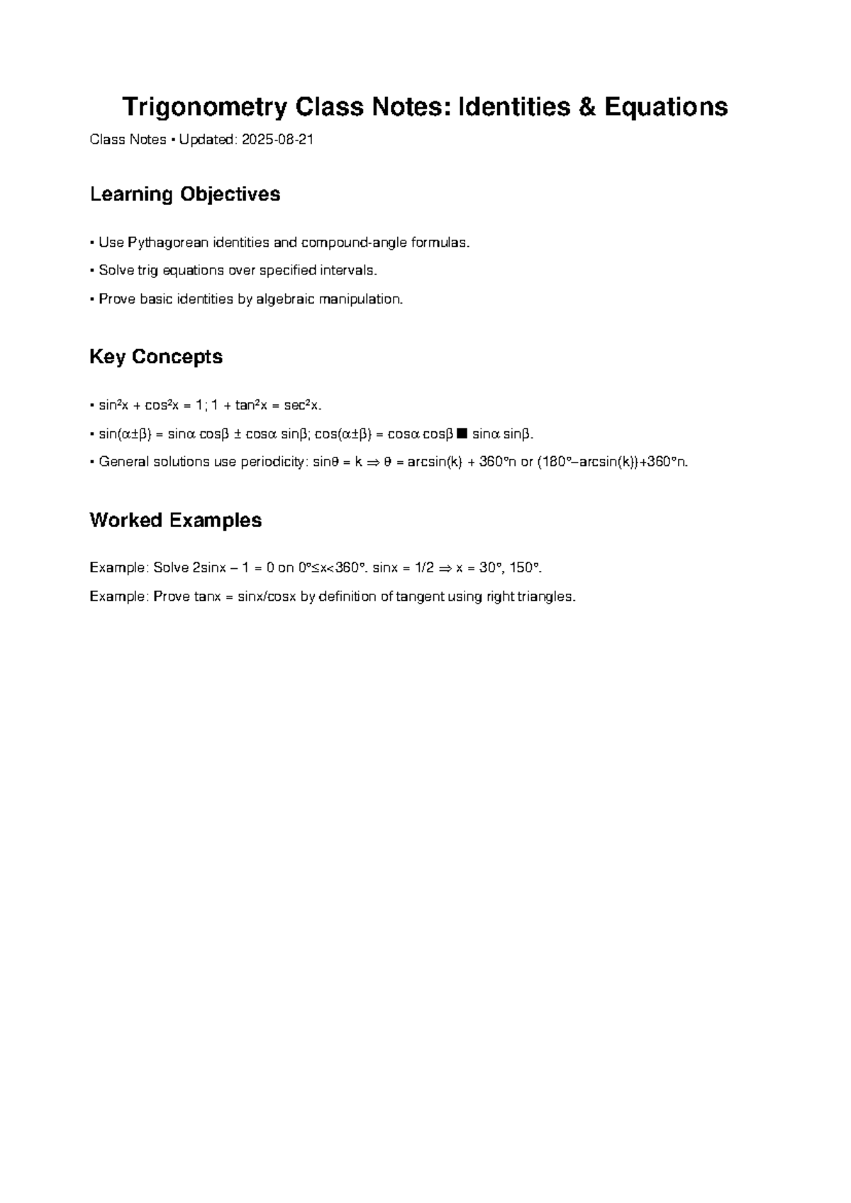 Trigonometry Class Notes: Identities & Equations Overview - Studocu