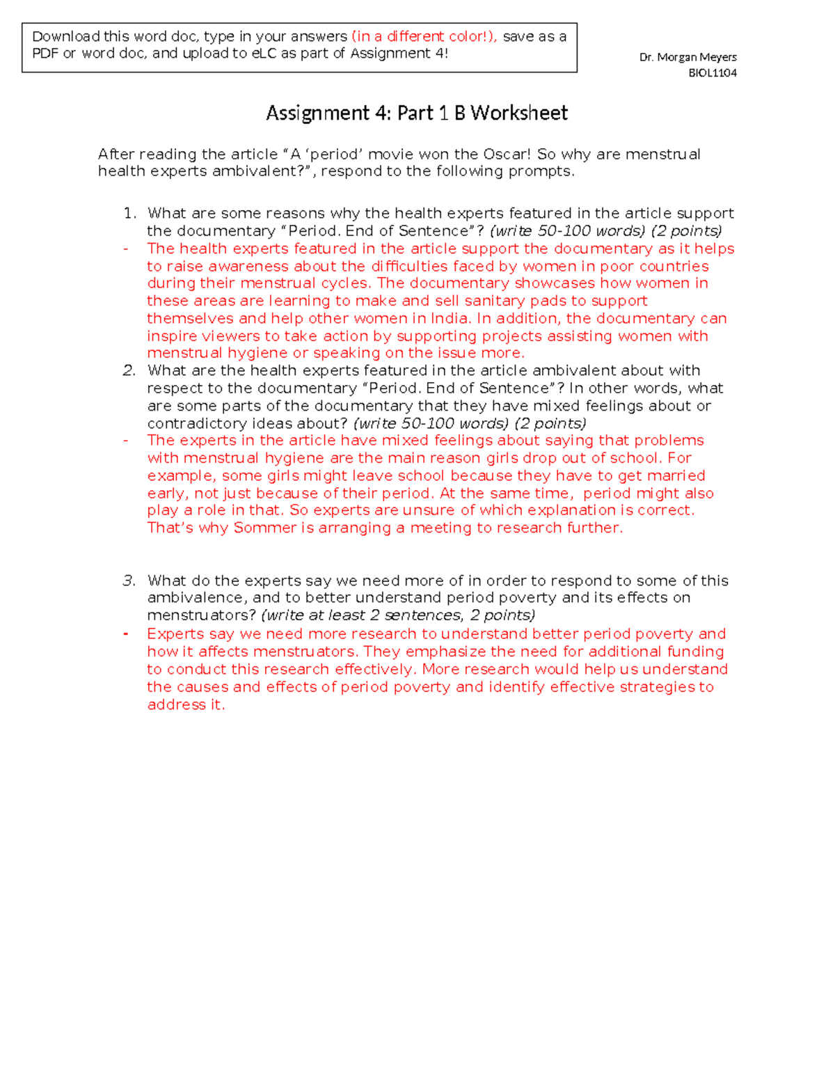 Assignment 4 Worksheet 1b Dr Morgan Meyers Biol Assignment 4 Part 1