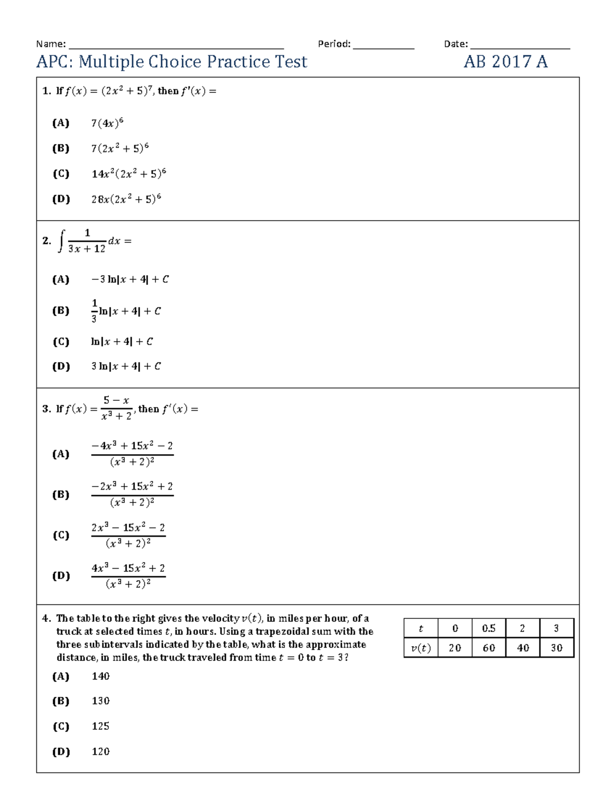 APC Multiple Choice Practice Test AB 2017 Part A - Studocu