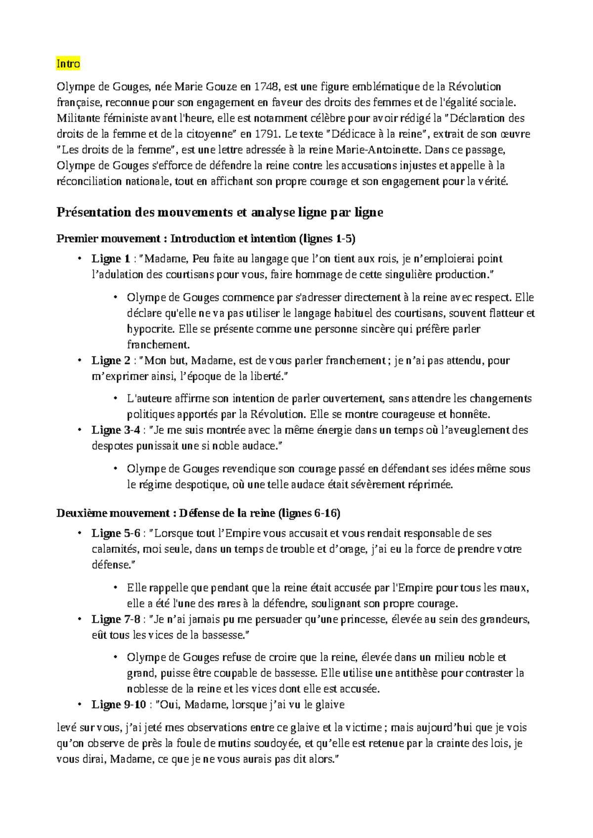 Analyse linéaire de "Dédicace à la reine" par Olympe de Gouges - Studocu