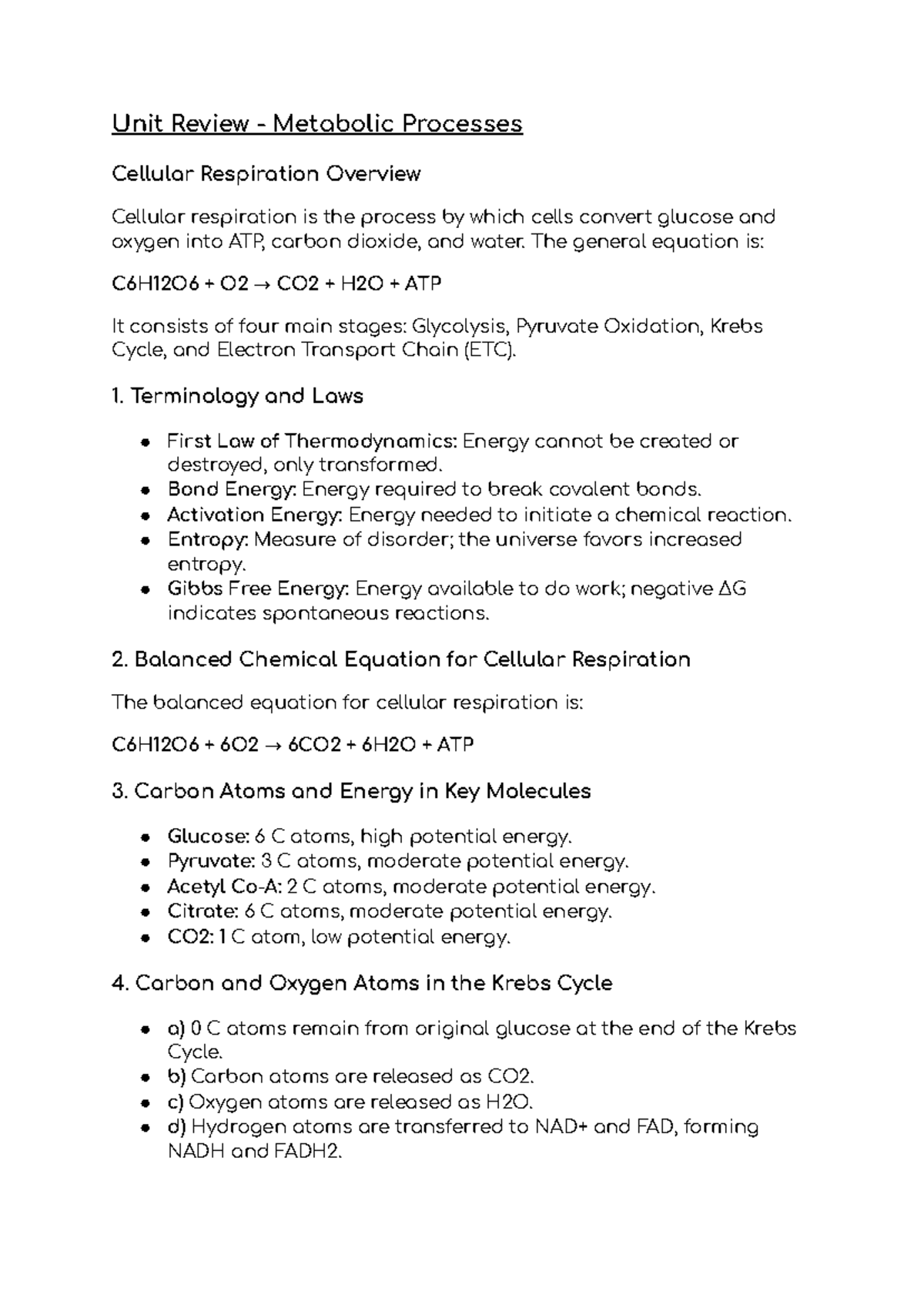 SBI4U Unit Review: Overview of Metabolic Processes and Cellular ...