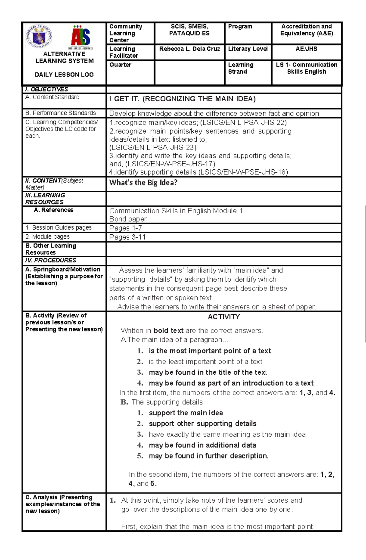 LP LS1 ENG M 1 L1 - ALS Daily Lesson Log on Main Ideas and Supporting ...