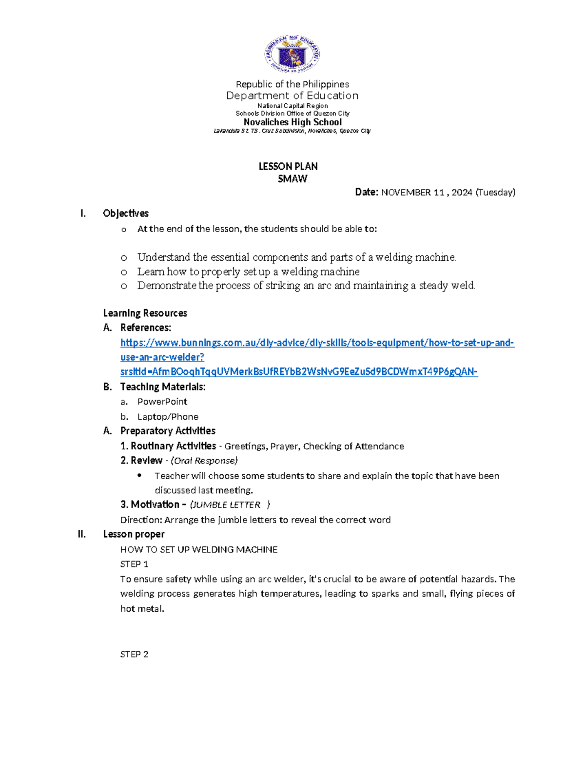 LP SMAW Lesson Plan - Setting Up a Welding Machine (Nov 11, 2024) - Studocu