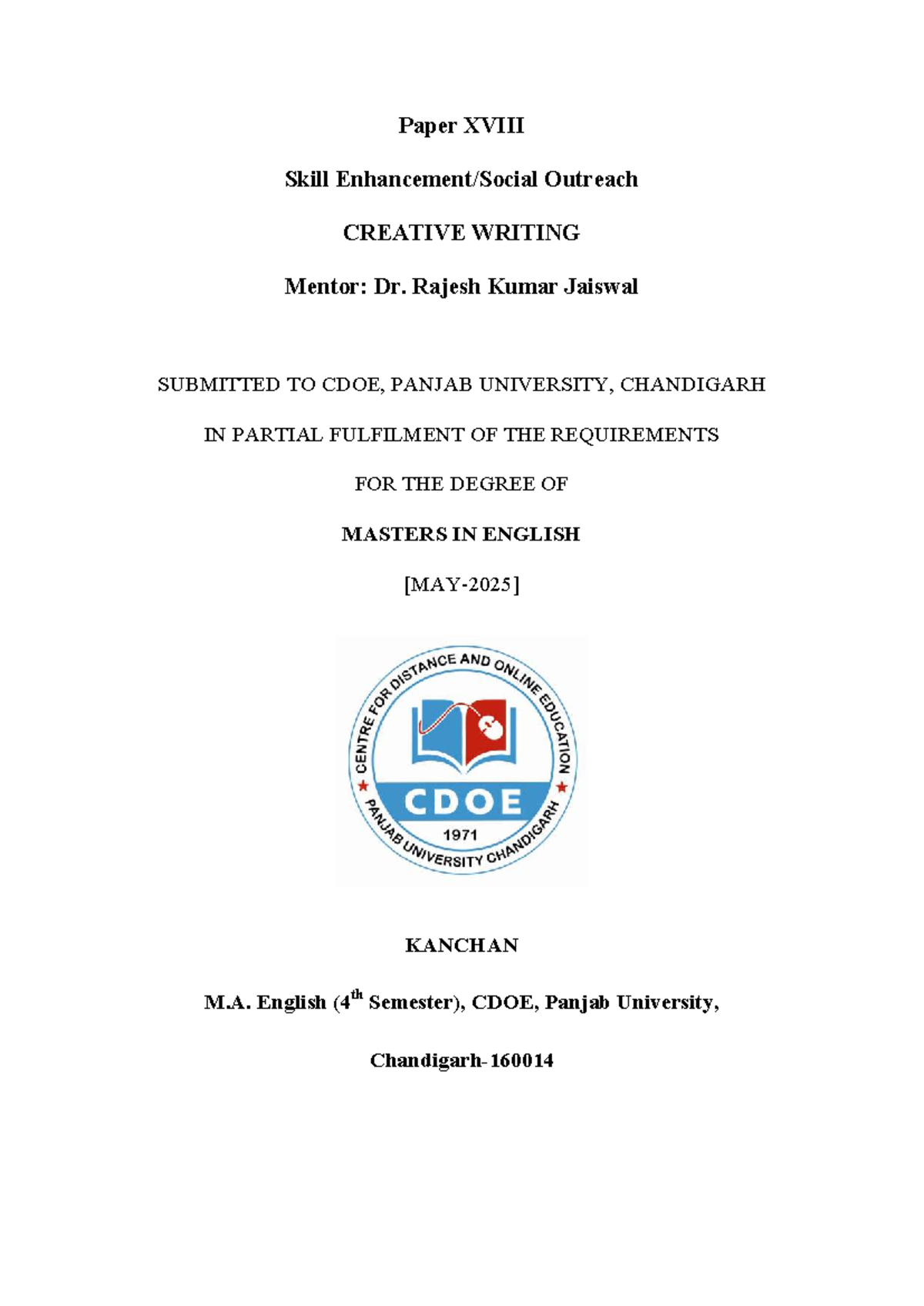 Creative Writing Poems by Kanchan for M.A. English SEM 4 CDOE - Studocu
