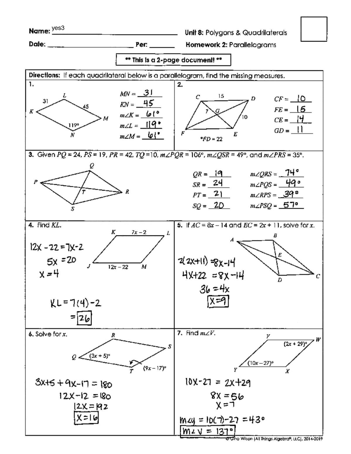 Unit 8: Polygons & Quadrilaterals Homework 2 - Parallelograms - Studocu