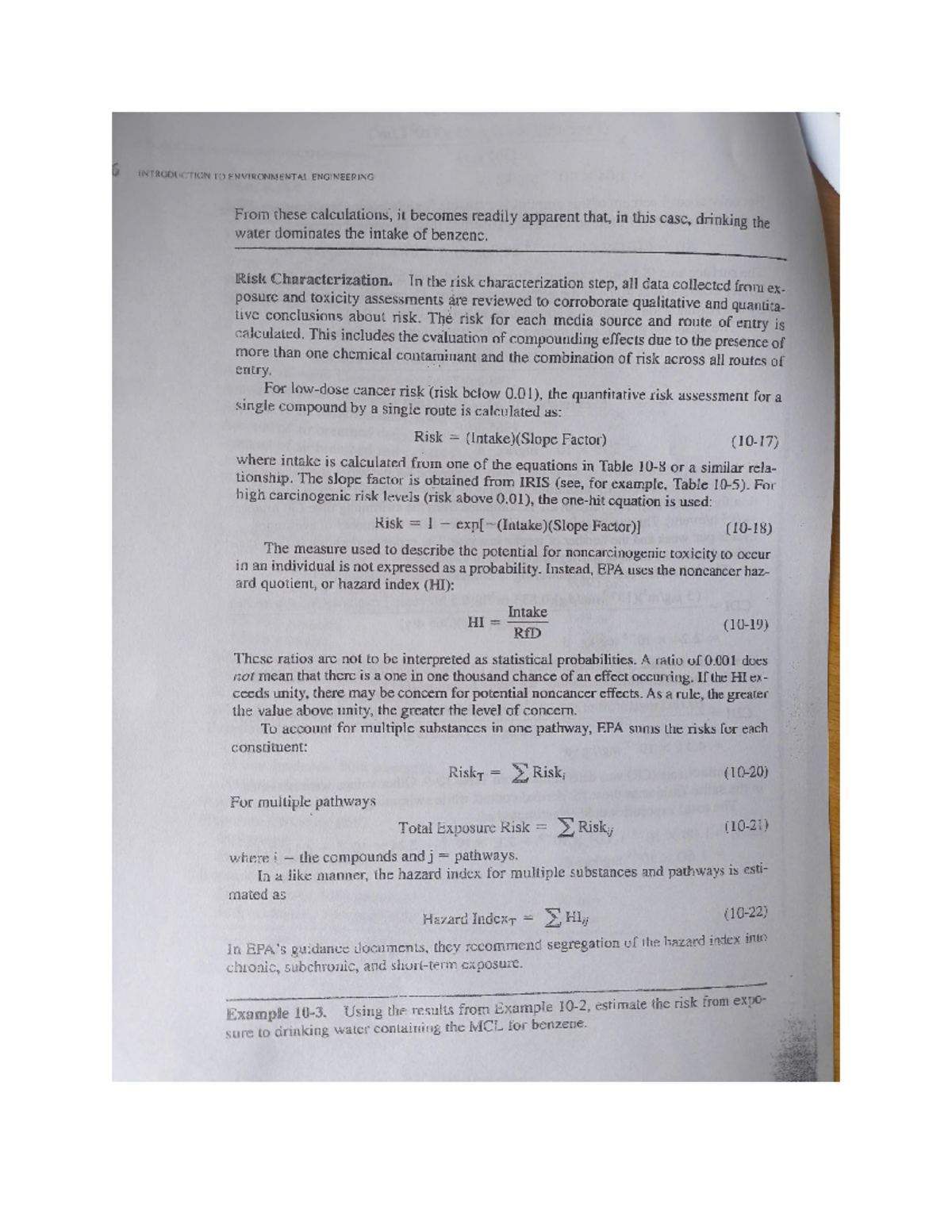 INTRODUCTION TO ENVIRONMENTAL ENGINEERING: Risk Assessment & Management ...