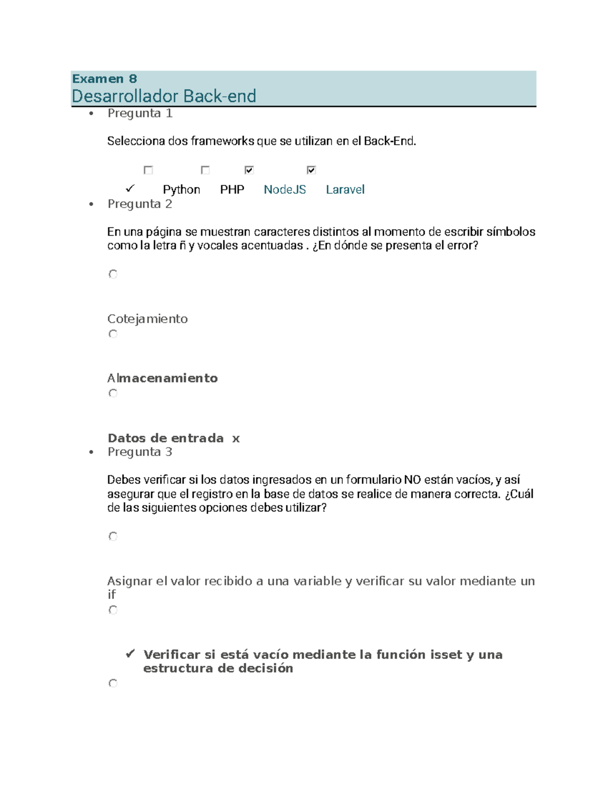 Examen 8 - Desarrollo Back-end: Preguntas y Respuestas Clave - Studocu
