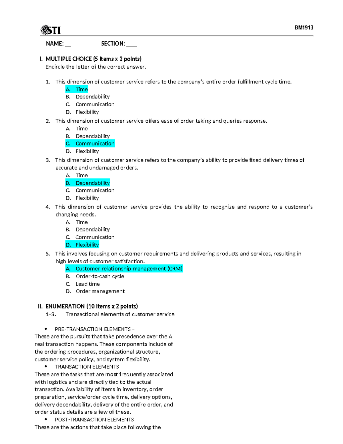 Logistics 10 Quiz 1 - NAME: SECTION: I. MULTIPLE CHOICE (5 items x 2 ...