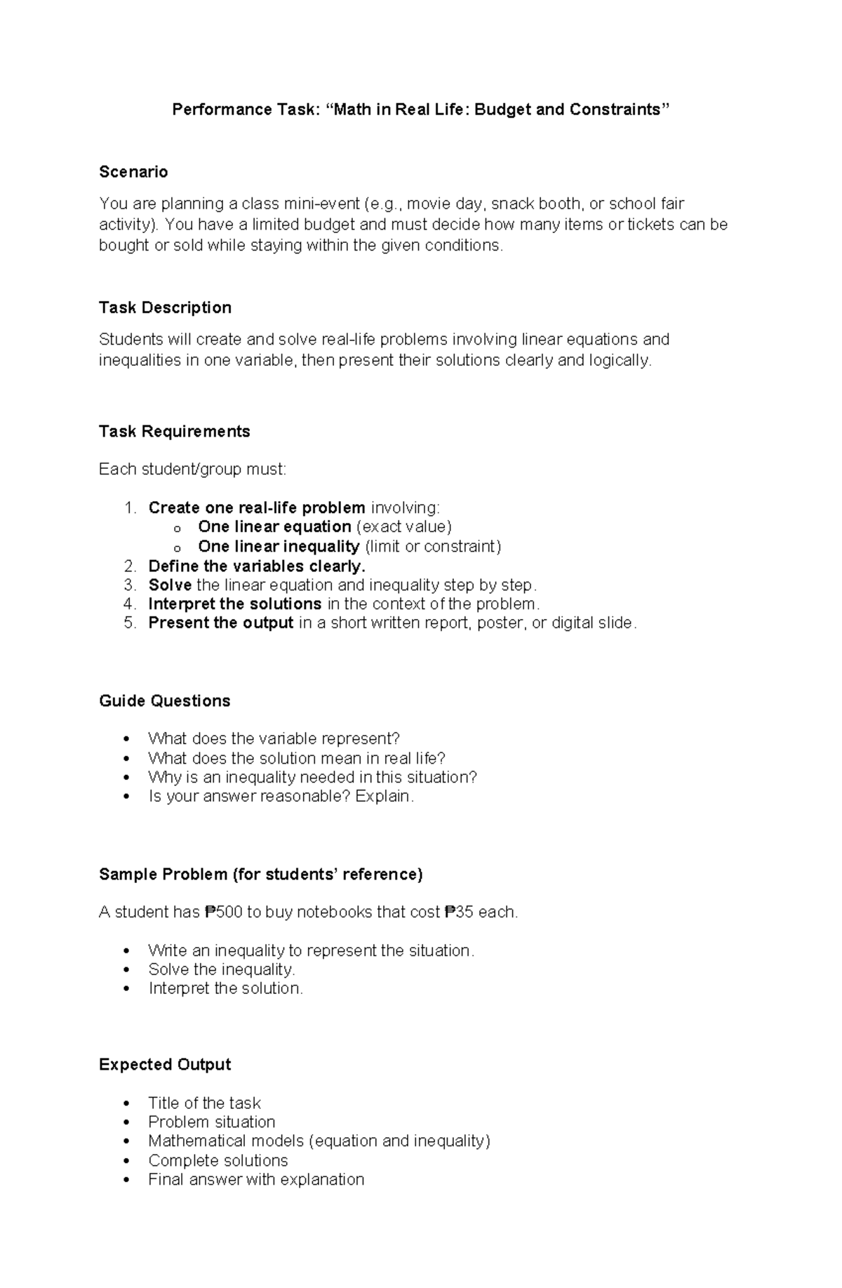 Performance Task: Linear Equations & Inequalities in One Variable - Studocu
