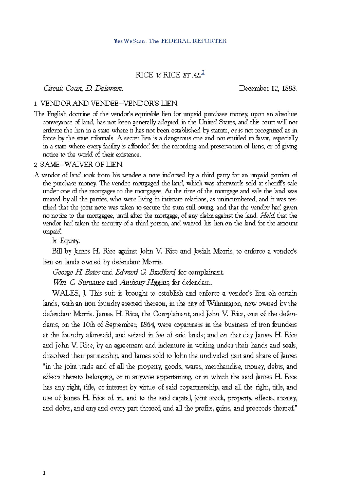 Rice v. Rice: Analysis of Vendor's Lien and Property Rights - Studocu