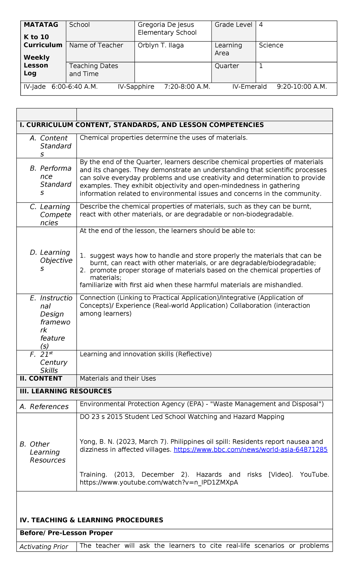 DLP-Science-Grade 4-Quarter 1-Lesson Log-AUG-22 - Studocu