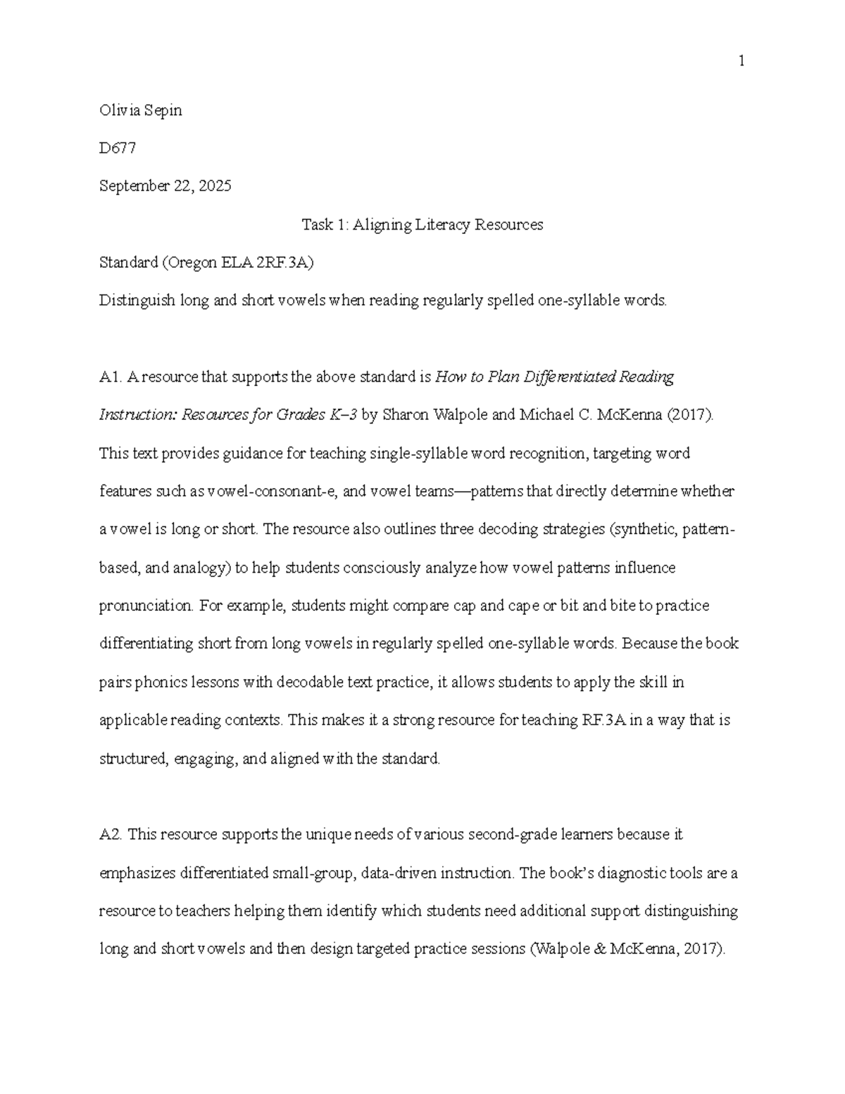 Task 1: Aligning Literacy Resources for ELA 2RF.3A - Studocu