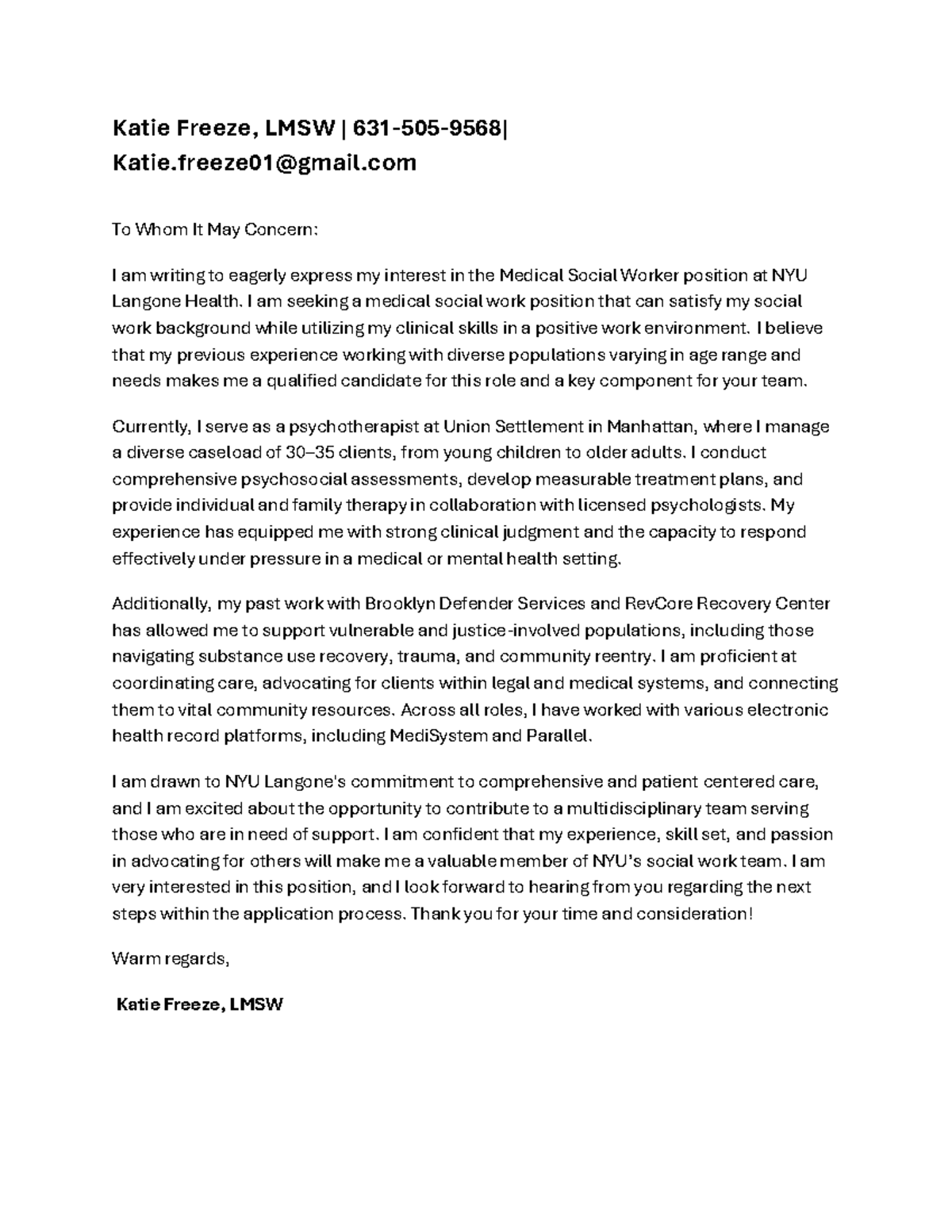 NYU Medical Social Worker Cover Letter 2025 - Katie Freeze, LMSW - Studocu