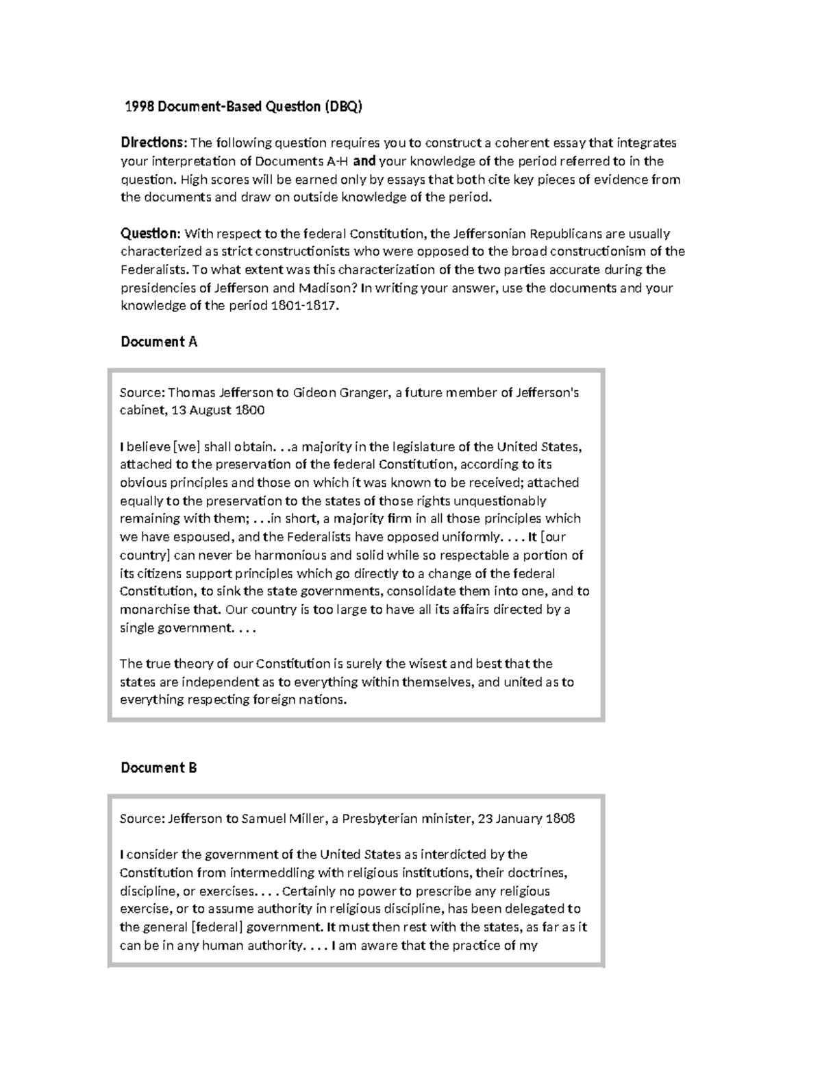 1998 DBQ: Analyzing Jefferson and Madison's Constitutional Views - Studocu