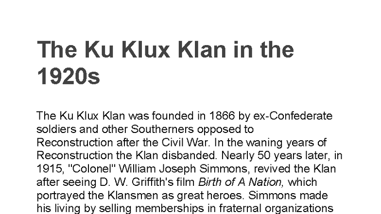 The Ku Klux Klan in the 1920s - Study Notes - Studocu