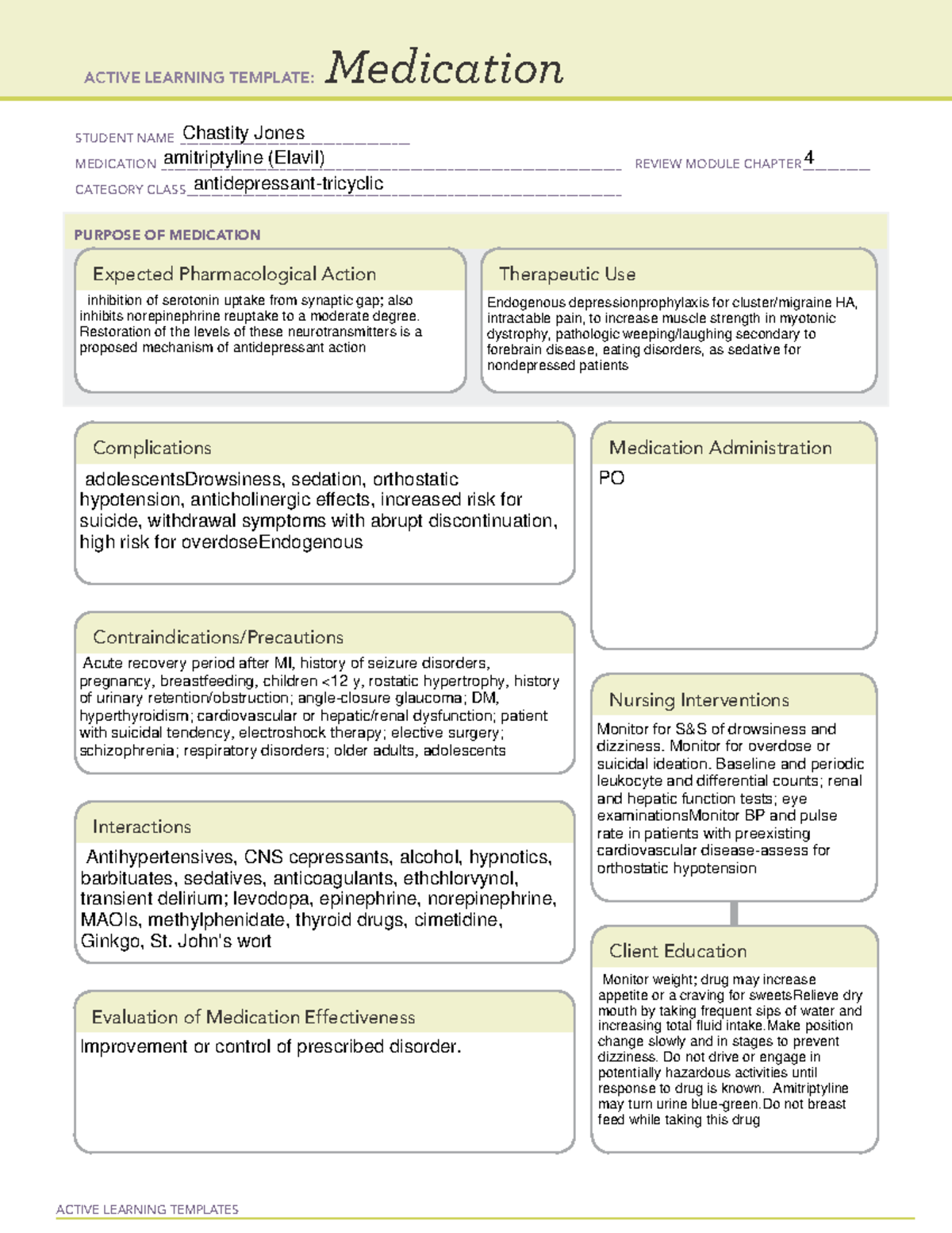 ACTIVE LEARNING TEMPLATE: Amitriptyline (Elavil) Drug Card Review - Studocu