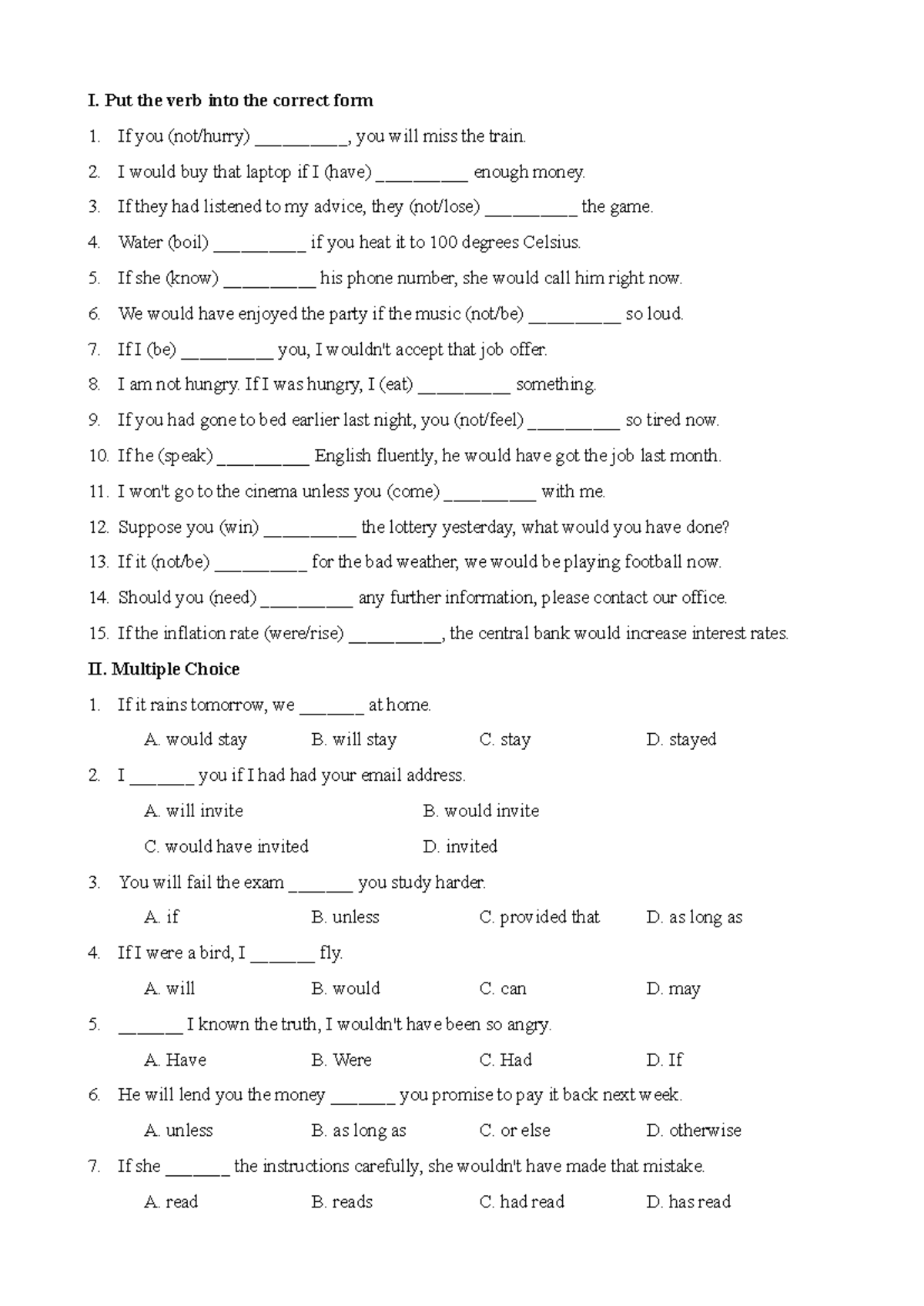Advanced Conditional Sentences - Homework (ENG 101) - Studocu