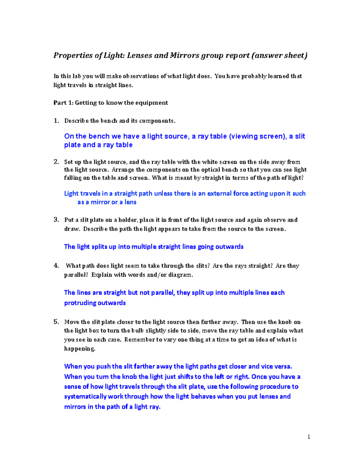 Properties of Light: Lenses & Mirrors Lab Report 2022-2 - Studocu