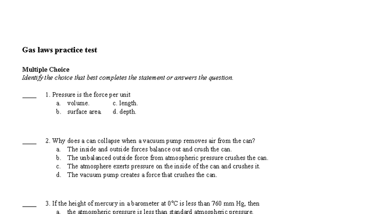 Gas Laws Tutorial questions - Gas laws practice test Multiple Choice ...