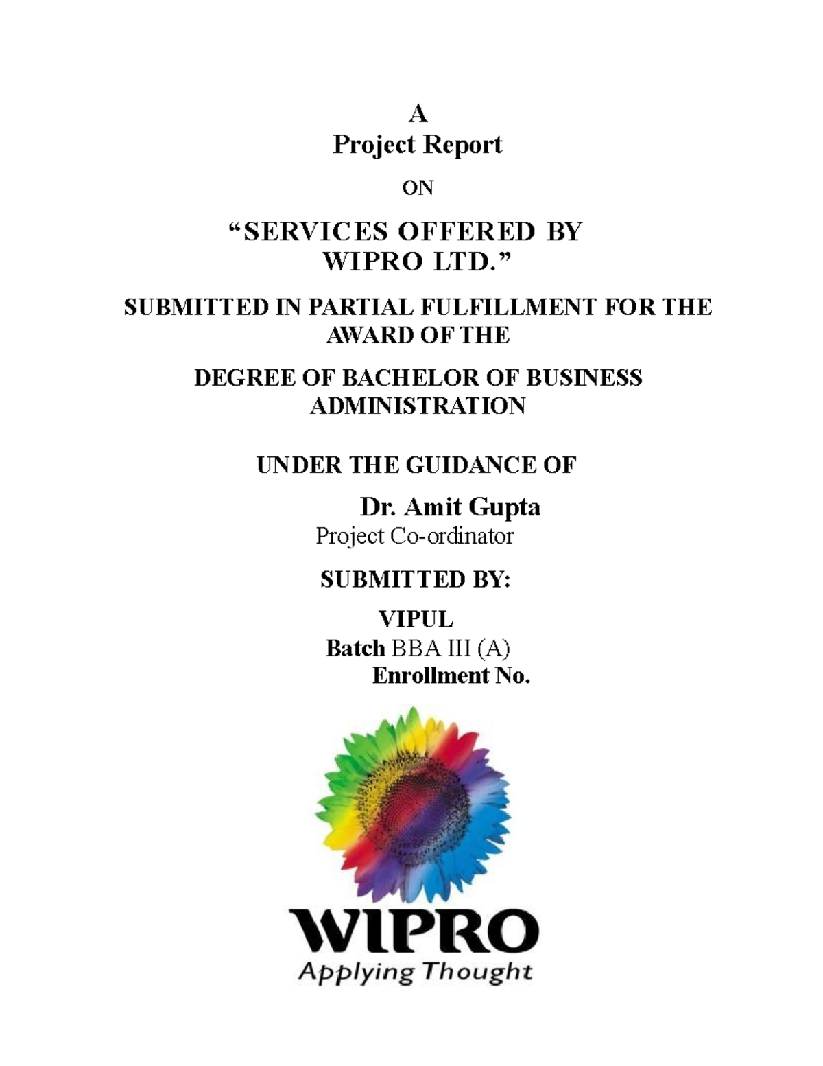 Project Report on Services Offered by Wipro Ltd - BBA III(A) - Studocu