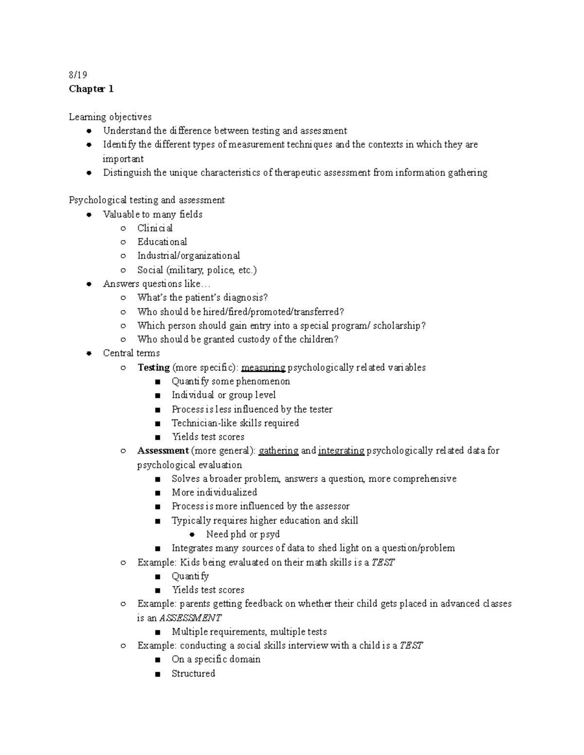 Psych Tests 385: Chapter 1 & 2 Overview on Assessment Techniques - Studocu