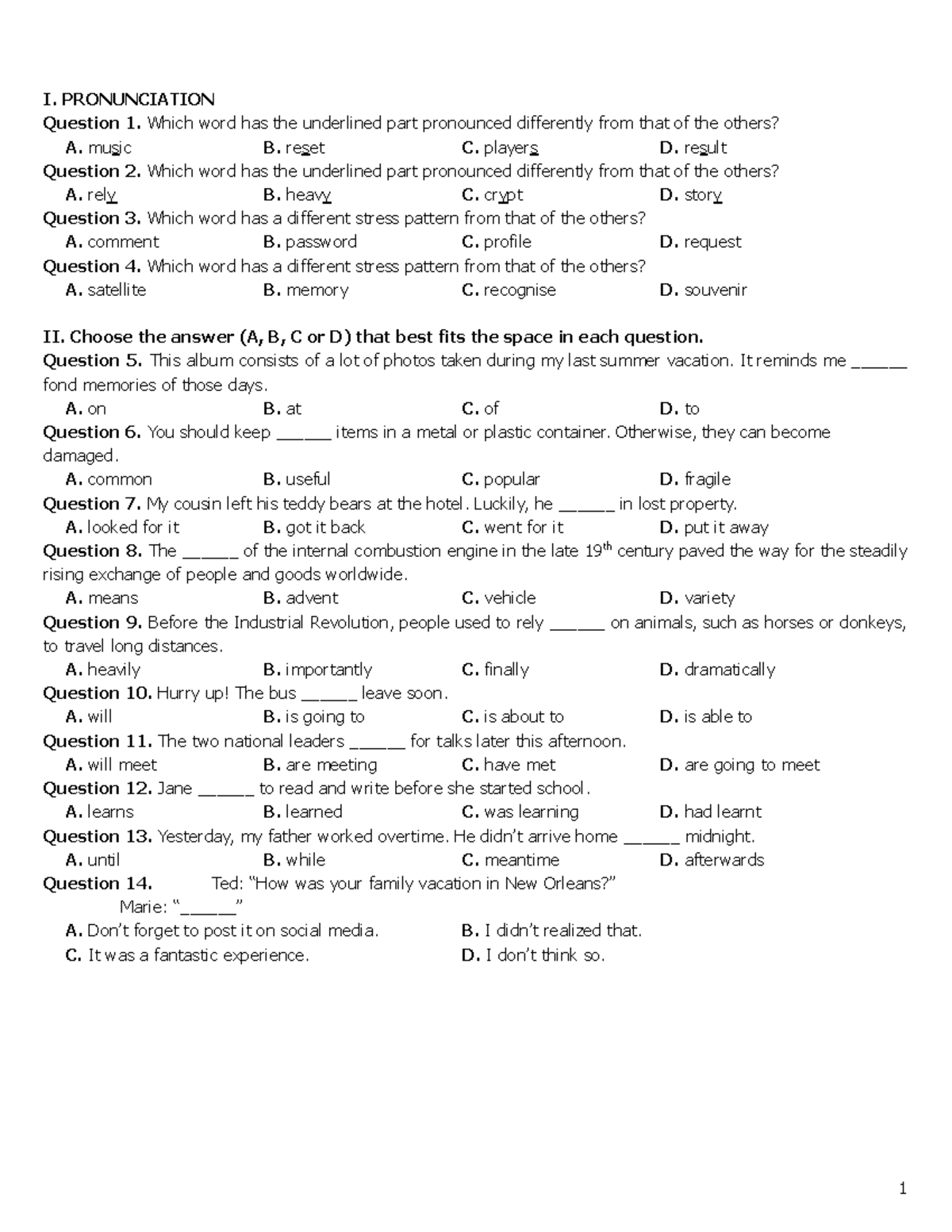 Unit 1 - Pronunciation and Vocabulary Practice Questions - Studocu