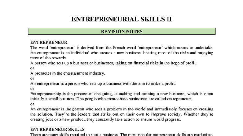 ENTREPRENEURIAL SKILLS II REVISION NOTES (03) - Studocu