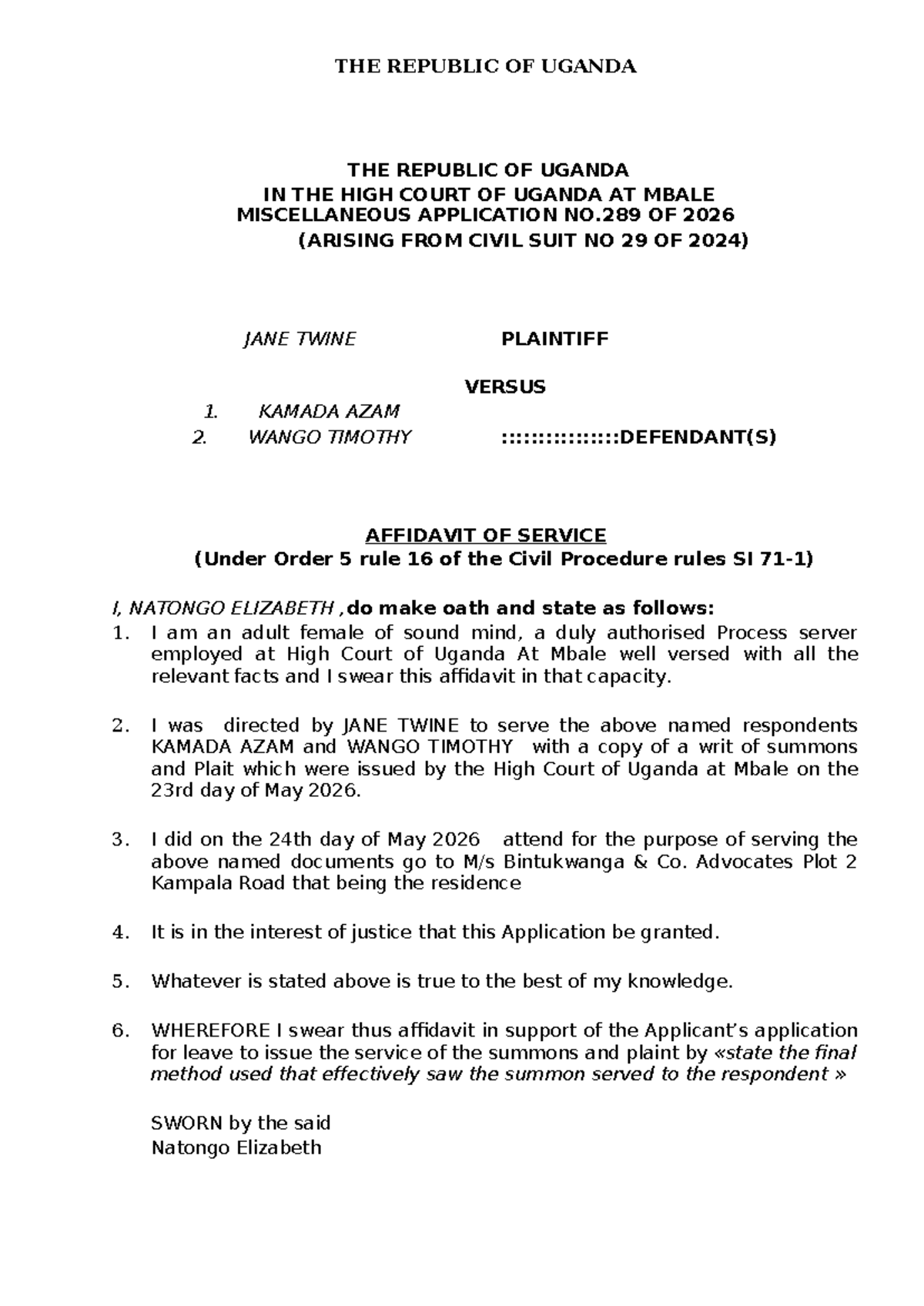 Affidavit of Service for Misc. App. No. 289 of 2026 in Uganda - Studocu